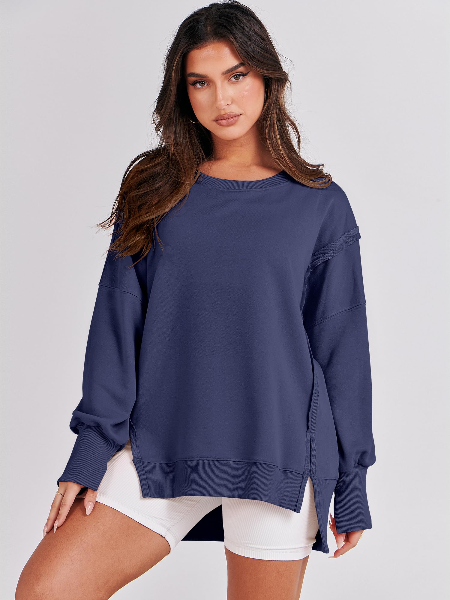 ANRABESS Women's Oversized Sweatshirts Crew Neck Long Sleeve Shirts Casual Loose Slit 2025 Fall Clothes Navy Blue S