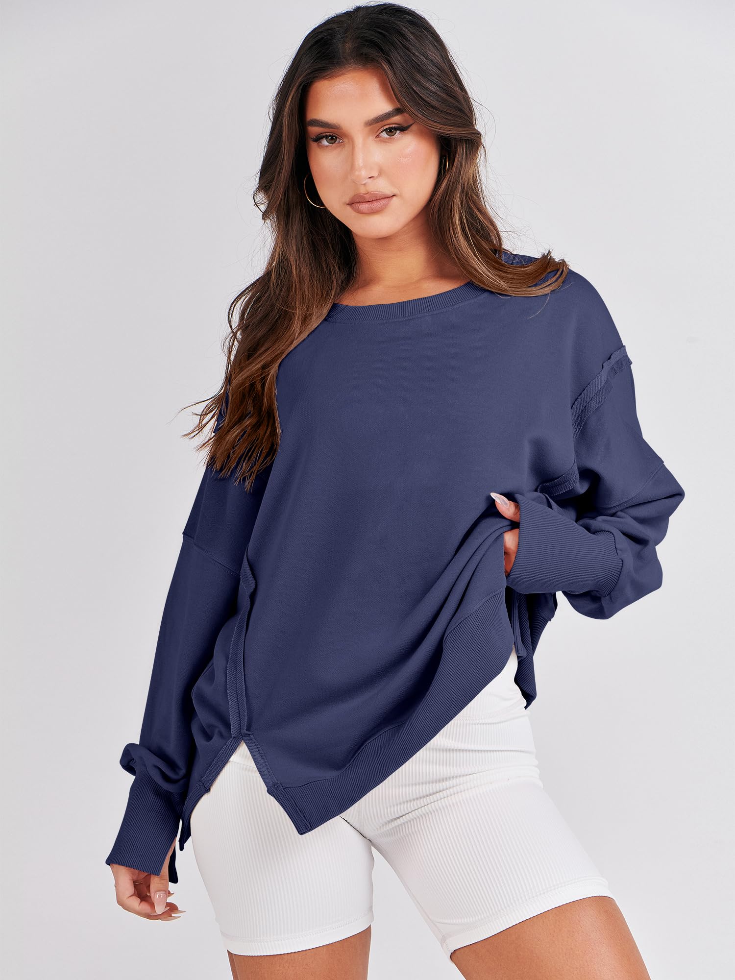 ANRABESS Women's Oversized Sweatshirts Crew Neck Long Sleeve Shirts Casual Loose Slit 2025 Fall Clothes Navy Blue S
