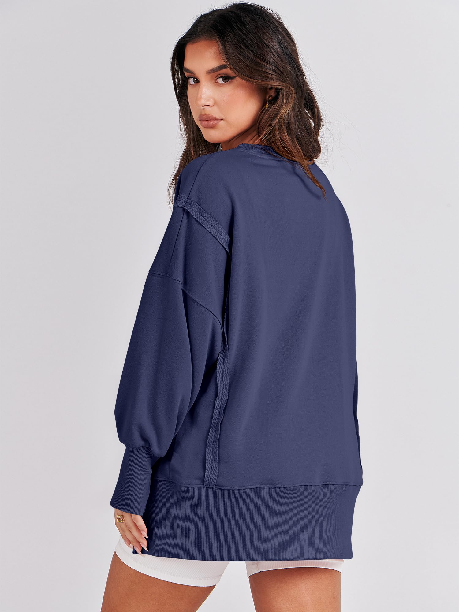 ANRABESS Women's Oversized Sweatshirts Crew Neck Long Sleeve Shirts Casual Loose Slit 2025 Fall Clothes Navy Blue S
