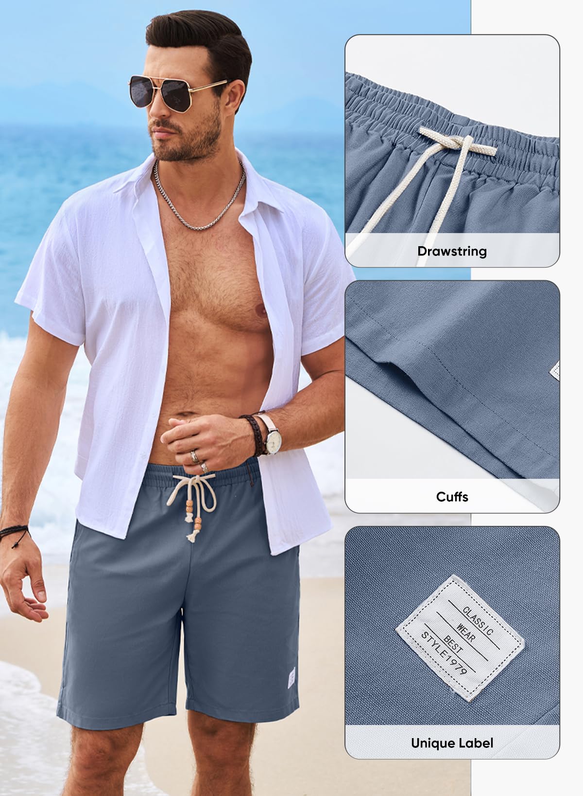 JMIERR Men Shorts Linen Cotton Casual Classic Fit Flat Front Elastic Waist Drawstring Lightweight Summer Beach Shorts for Men US 34 (Medium) Blue