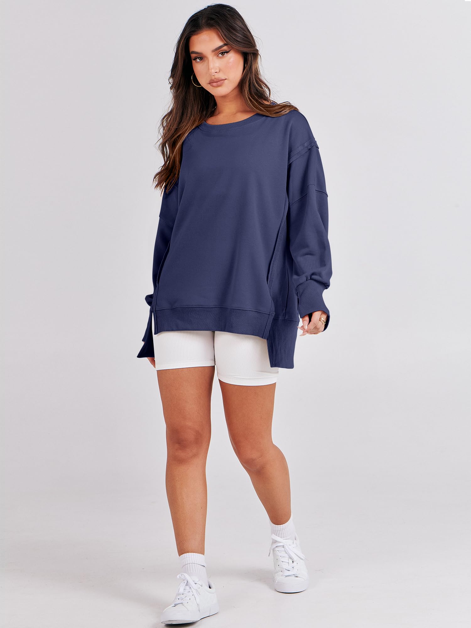 ANRABESS Women's Oversized Sweatshirts Crew Neck Long Sleeve Shirts Casual Loose Slit 2025 Fall Clothes Navy Blue S