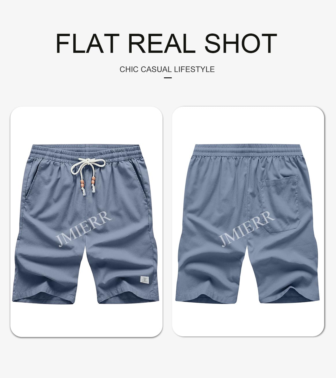 JMIERR Men Shorts Linen Cotton Casual Classic Fit Flat Front Elastic Waist Drawstring Lightweight Summer Beach Shorts for Men US 34 (Medium) Blue