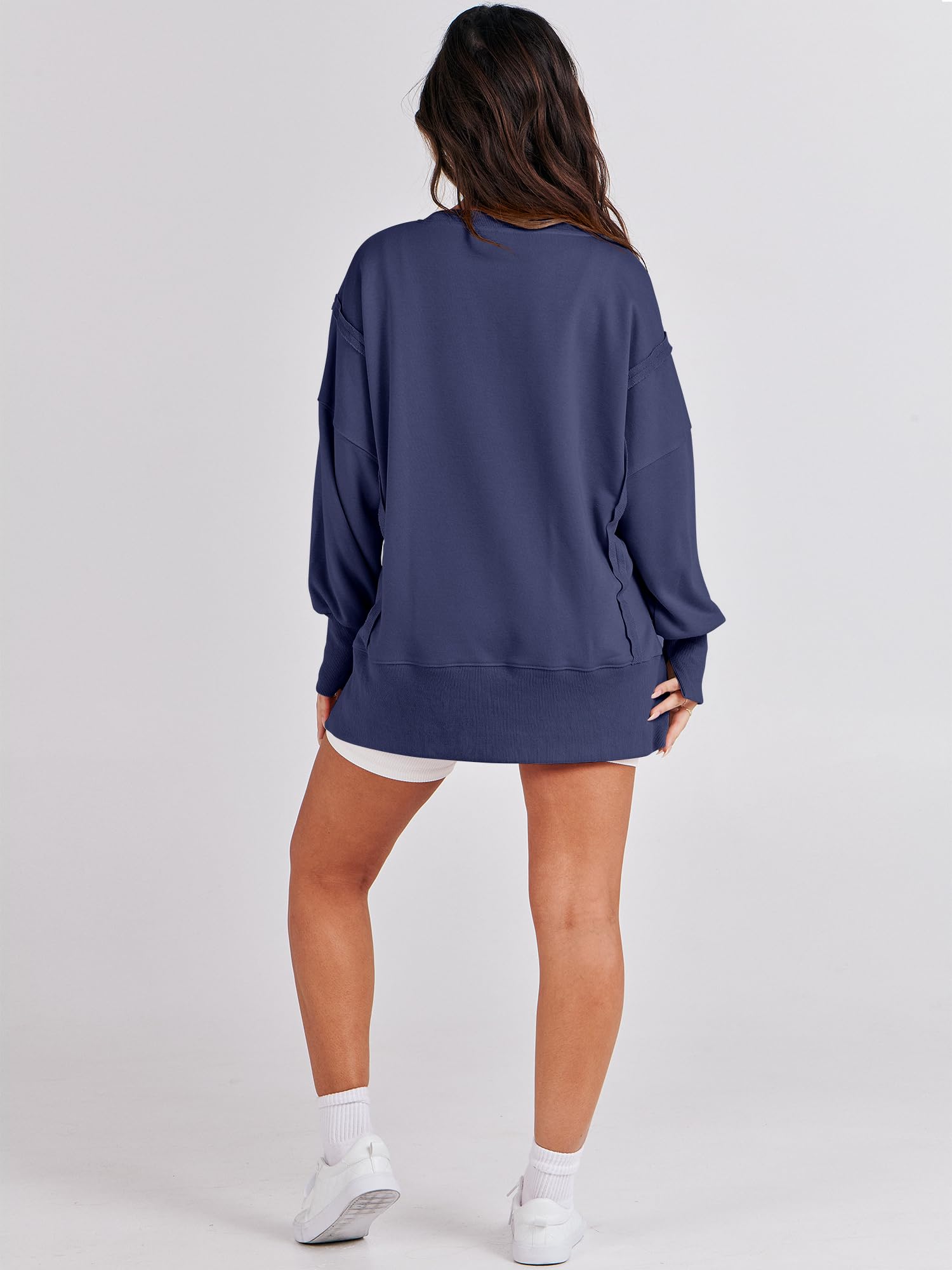 ANRABESS Women's Oversized Sweatshirts Crew Neck Long Sleeve Shirts Casual Loose Slit 2025 Fall Clothes Navy Blue S