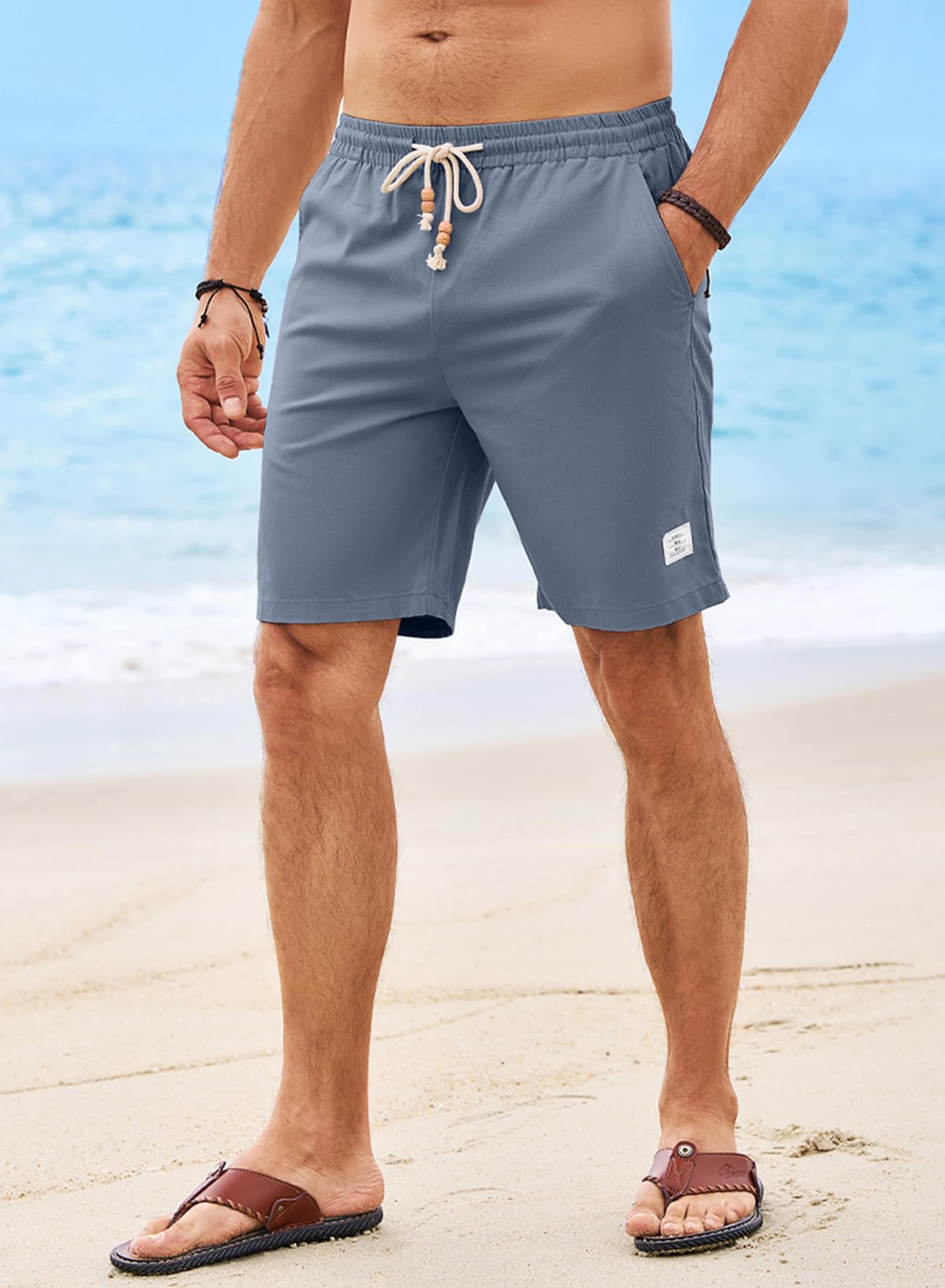 JMIERR Men Shorts Linen Cotton Casual Classic Fit Flat Front Elastic Waist Drawstring Lightweight Summer Beach Shorts for Men US 34 (Medium) Blue