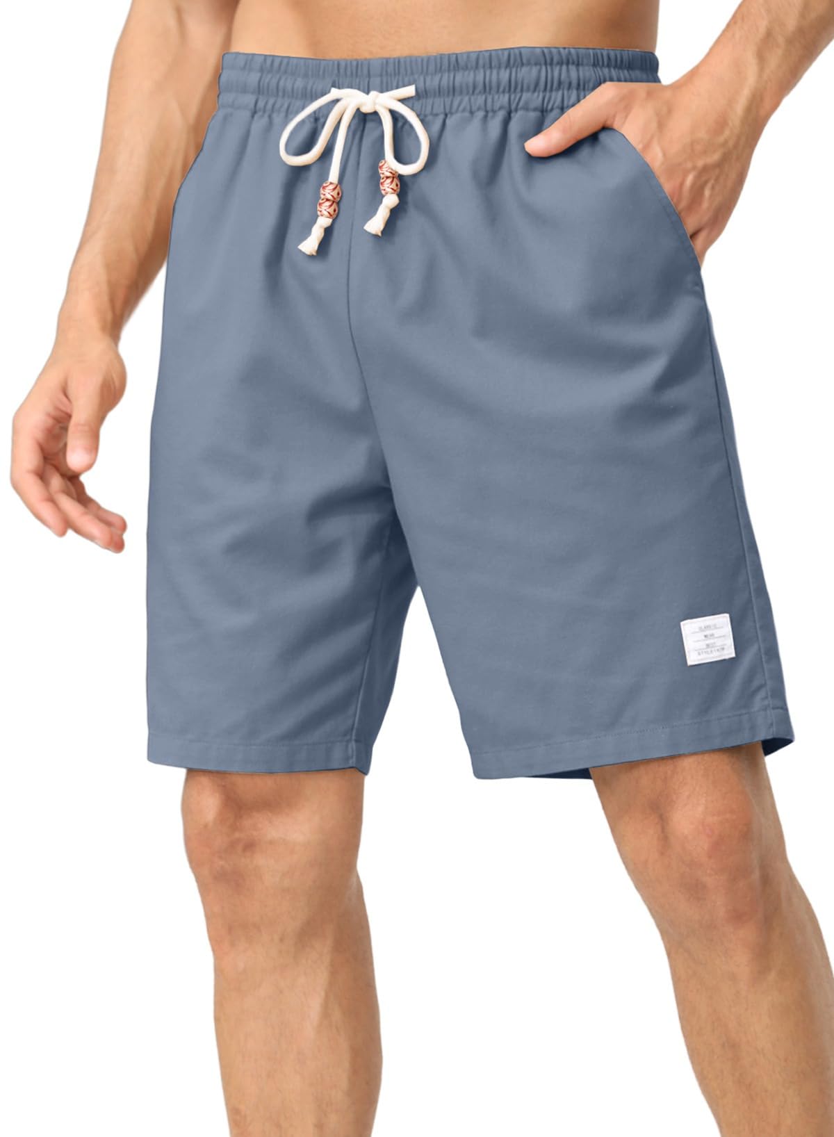 JMIERR Men Shorts Linen Cotton Casual Classic Fit Flat Front Elastic Waist Drawstring Lightweight Summer Beach Shorts for Men US 34 (Medium) Blue