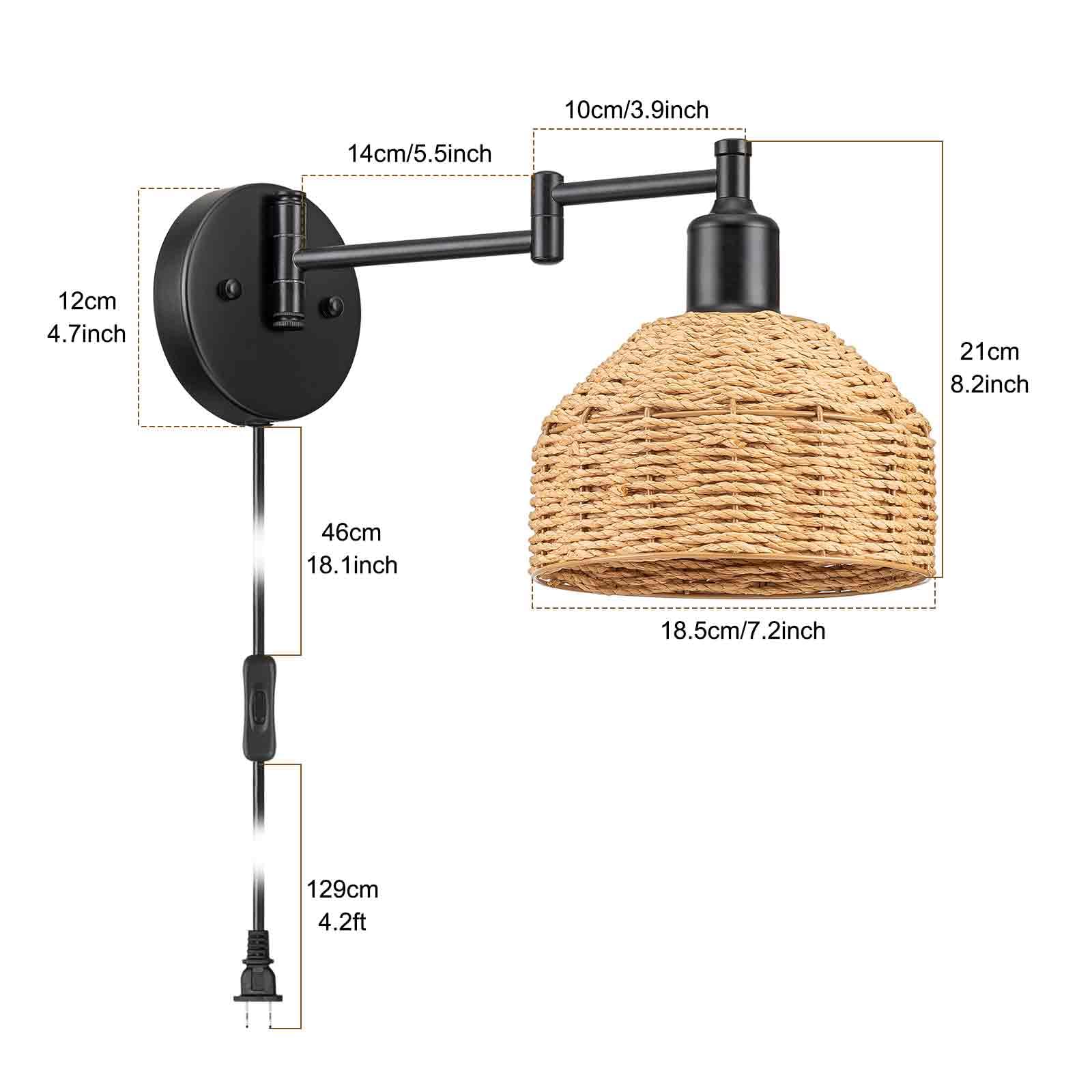 Plug in Wall Sconces, Swing Arm Wall Lamp with Natural Paper String Lampshade Set of 2, Vintage Adjustable Wall Mounted Sconce Wall Lighting Fixture for Bedroom,Bedside,Kitchen,Living Room,Reading