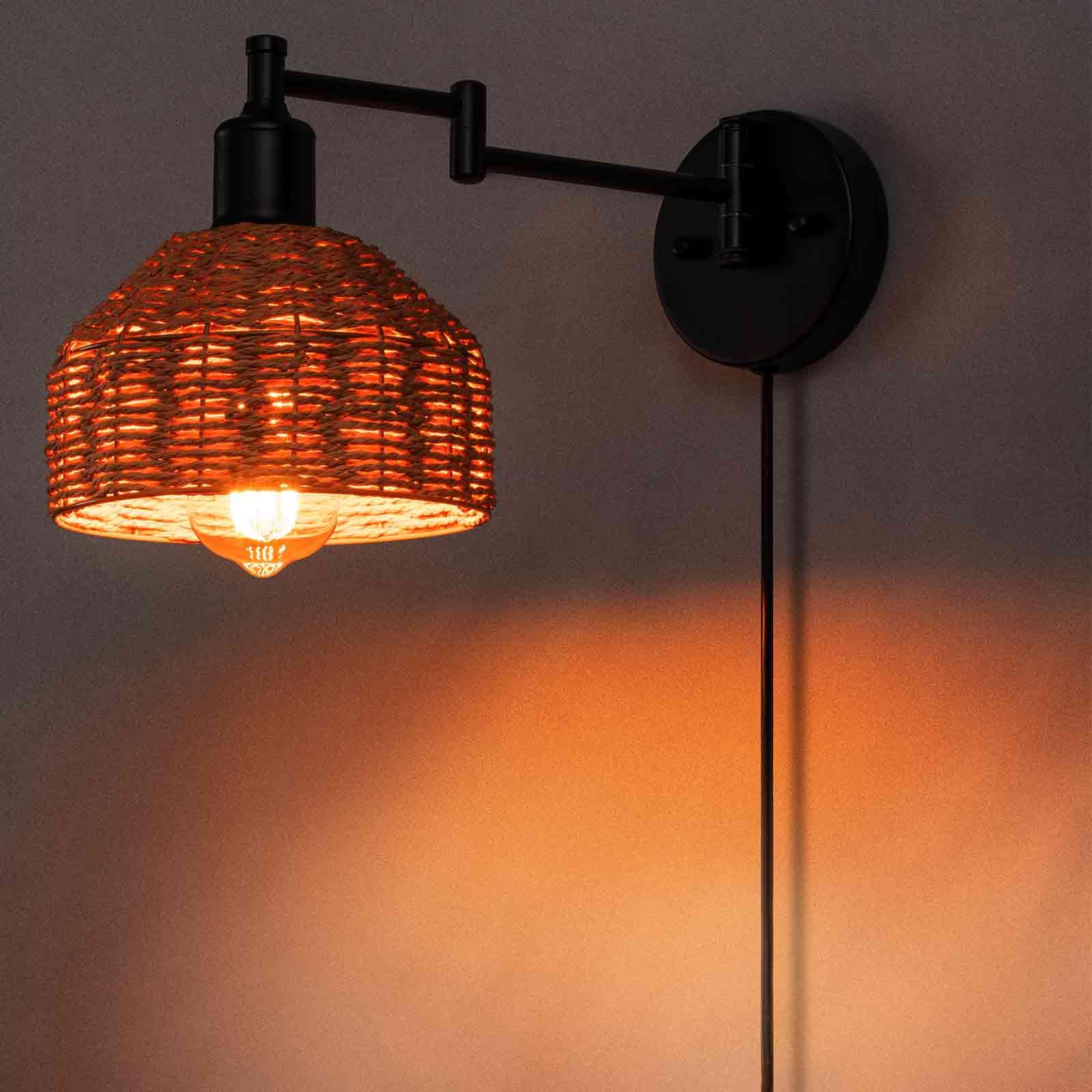Plug in Wall Sconces, Swing Arm Wall Lamp with Natural Paper String Lampshade Set of 2, Vintage Adjustable Wall Mounted Sconce Wall Lighting Fixture for Bedroom,Bedside,Kitchen,Living Room,Reading
