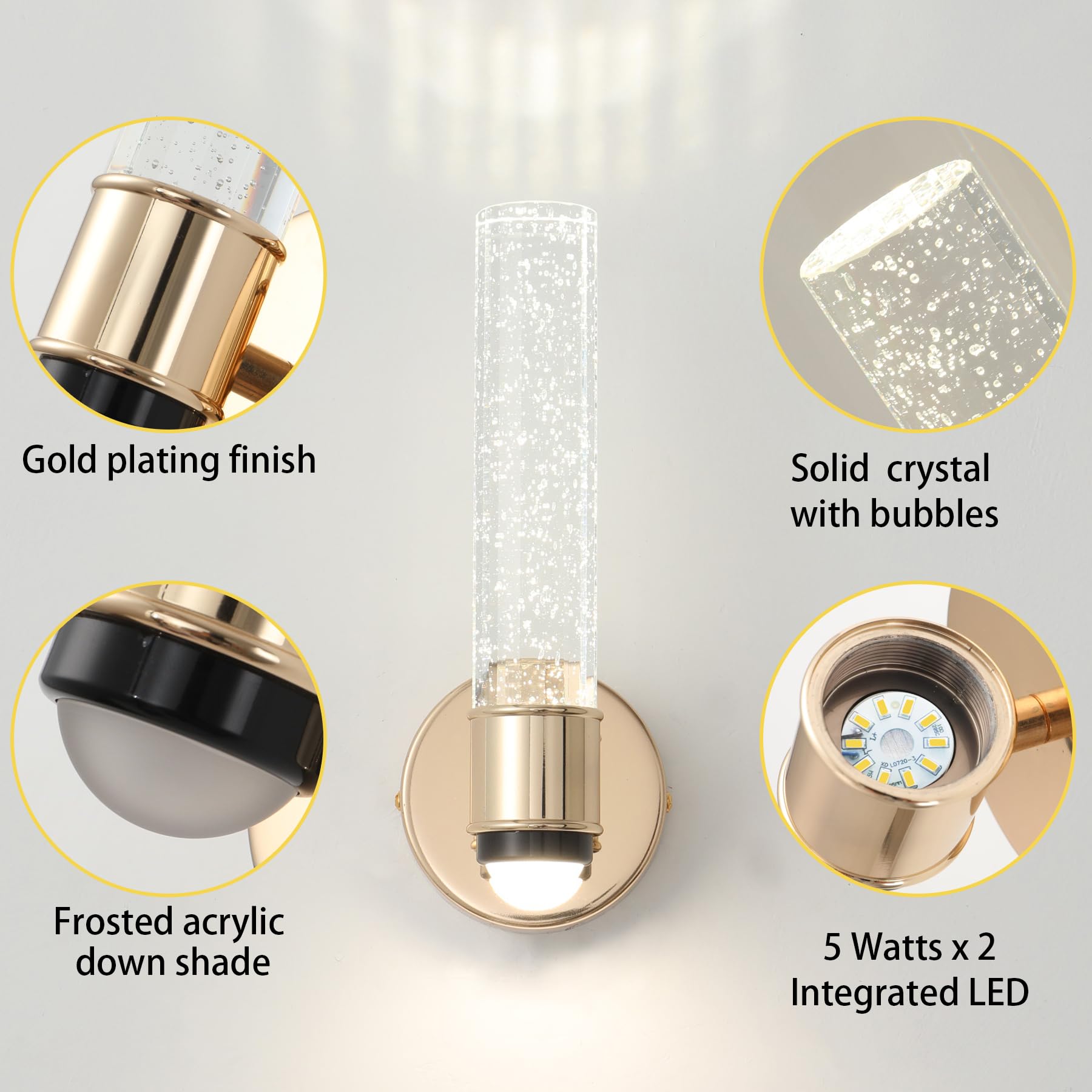 YZMARYT Wall Sconces Set of Two, Gold Wall Sconce, 11inch Wall Sconces Indoor, Bathroom Sconce, Bubbled Crystal Glass 10W Bathroom Vanity Light, Suitable for Bathroom, Hallway, Bedroom (Set of 2)