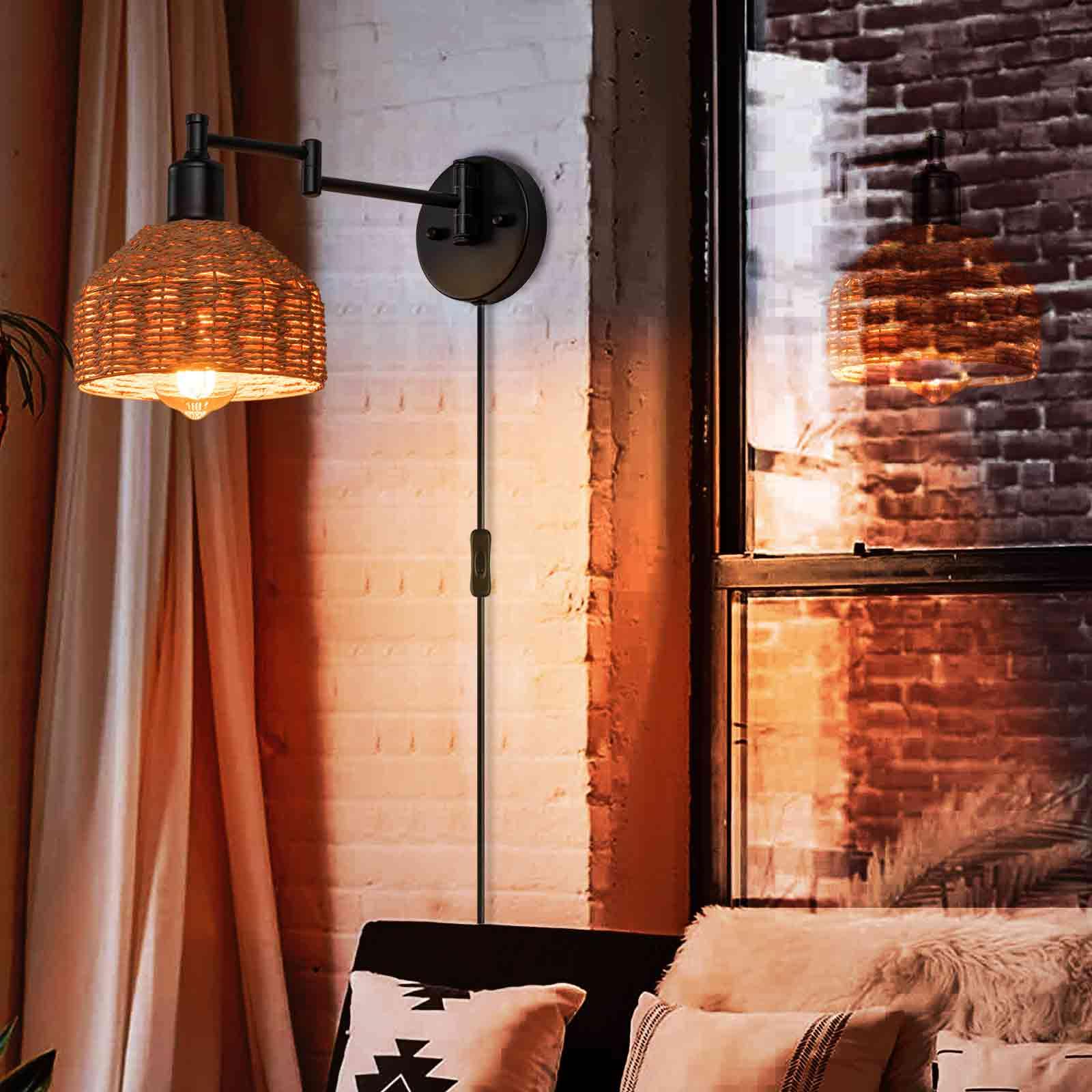 Plug in Wall Sconces, Swing Arm Wall Lamp with Natural Paper String Lampshade Set of 2, Vintage Adjustable Wall Mounted Sconce Wall Lighting Fixture for Bedroom,Bedside,Kitchen,Living Room,Reading