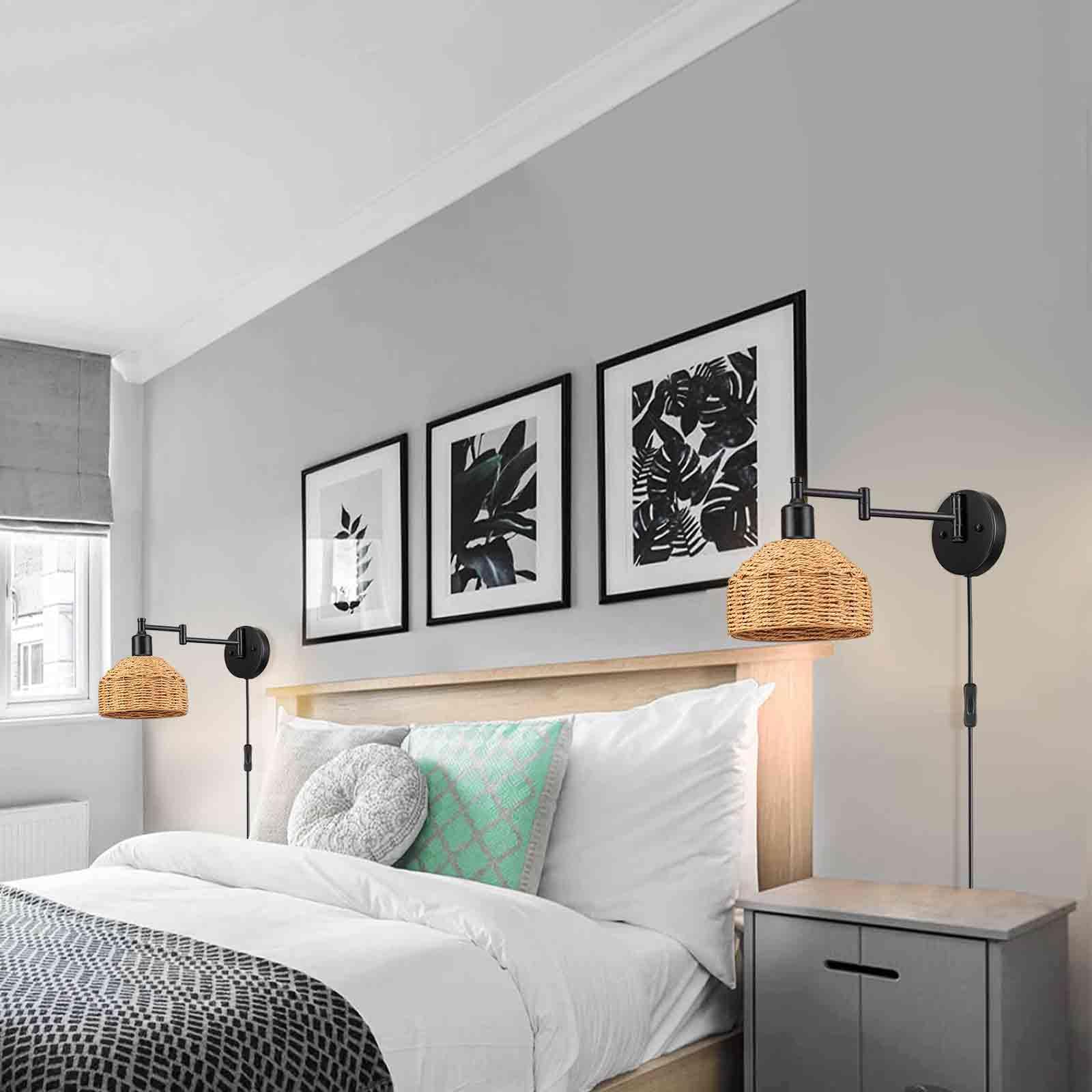 Plug in Wall Sconces, Swing Arm Wall Lamp with Natural Paper String Lampshade Set of 2, Vintage Adjustable Wall Mounted Sconce Wall Lighting Fixture for Bedroom,Bedside,Kitchen,Living Room,Reading