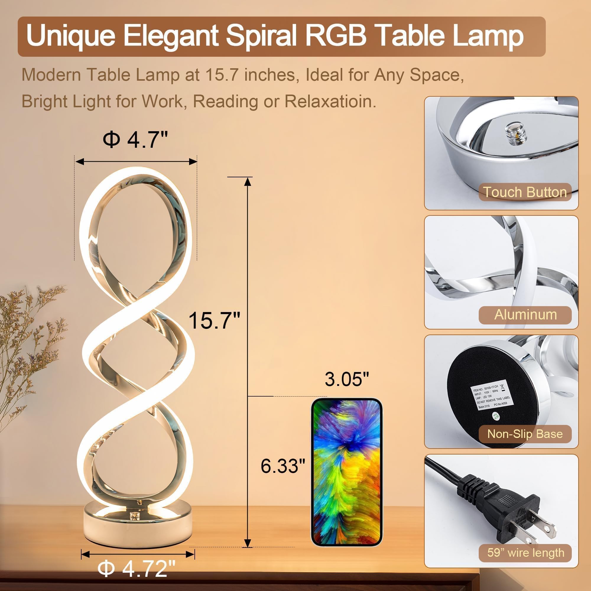 Adebime Modern Spiral RGB Table Lamp, Touch Dimmable Bedside Lamp, 7 Colors 10 Light Modes Spiral Design Table Lamp, Unique Nightstand Lamp for Living Room, Bedroom, Cool Lamps