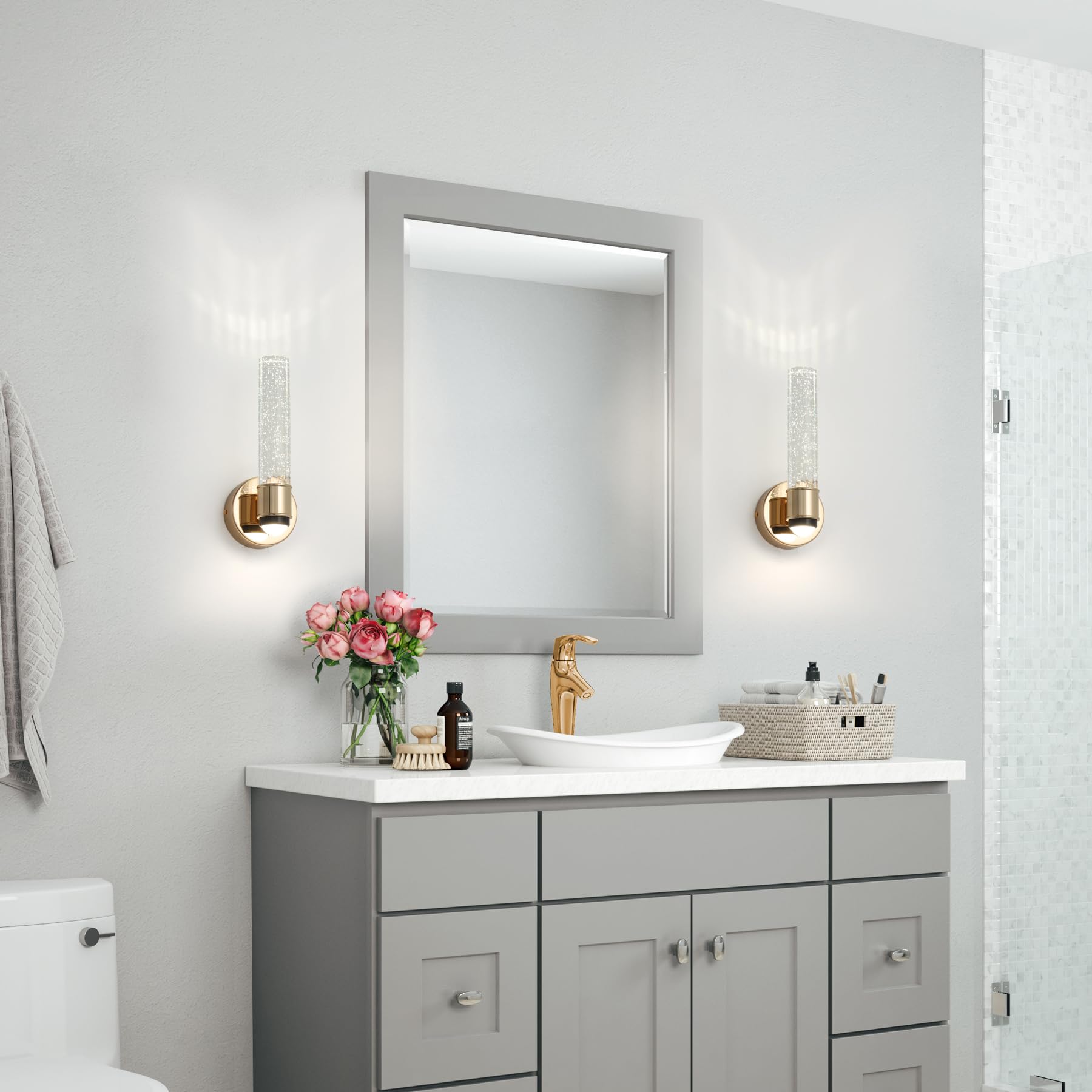 YZMARYT Wall Sconces Set of Two, Gold Wall Sconce, 11inch Wall Sconces Indoor, Bathroom Sconce, Bubbled Crystal Glass 10W Bathroom Vanity Light, Suitable for Bathroom, Hallway, Bedroom (Set of 2)