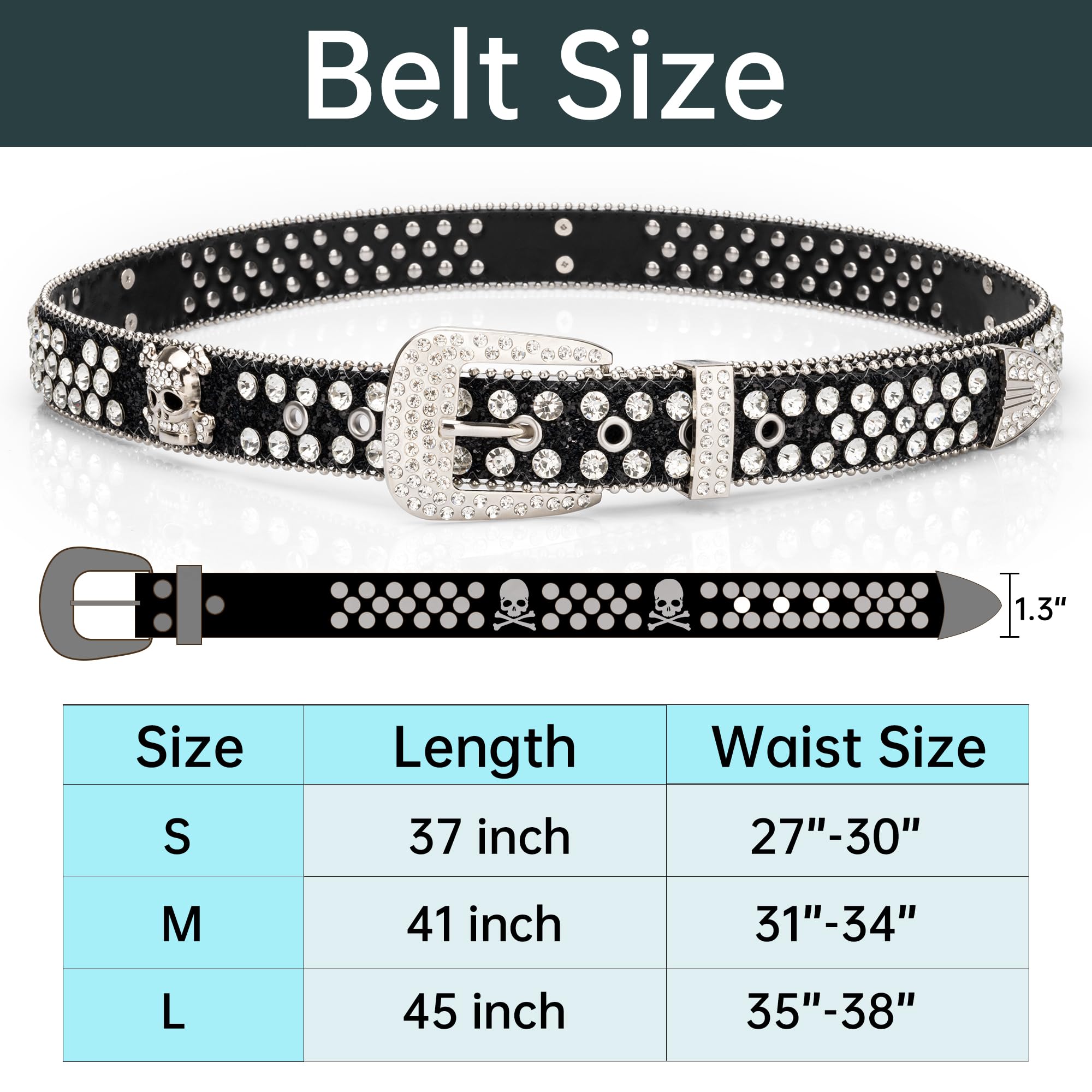 macoking Mens Rhinestone Belt Womens Y2K Bling Skull Western Belts for Jeans, Black, L