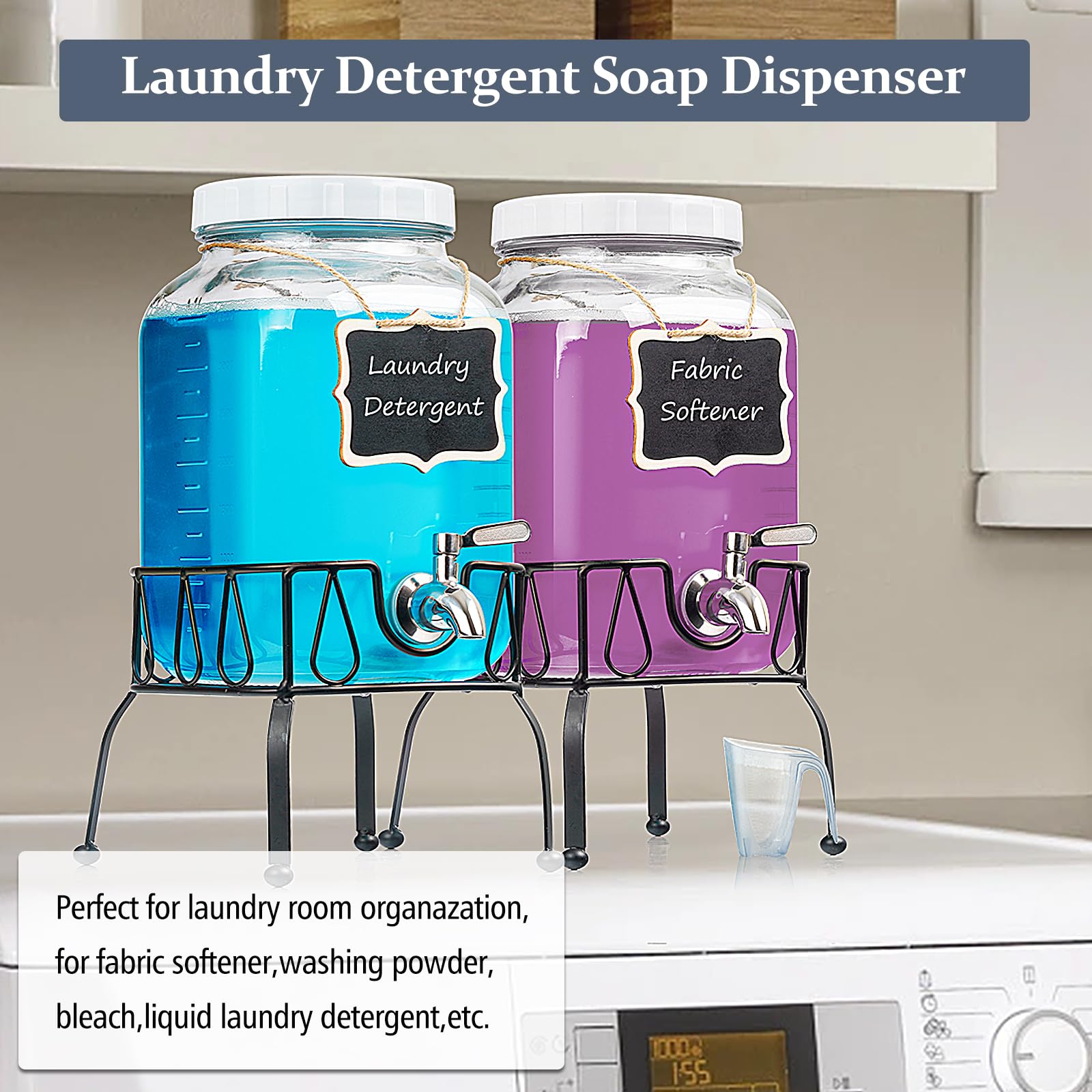 1 Pack 1 Gallon Glass Drink Dispensers for Parties. Beverage Dispenser w Scale Mark. SCREW Cap w Silicone Gasket 100% Airtight, Stainless Steel Spigot 100% Leakproof. Laundry Detergent Dispenser