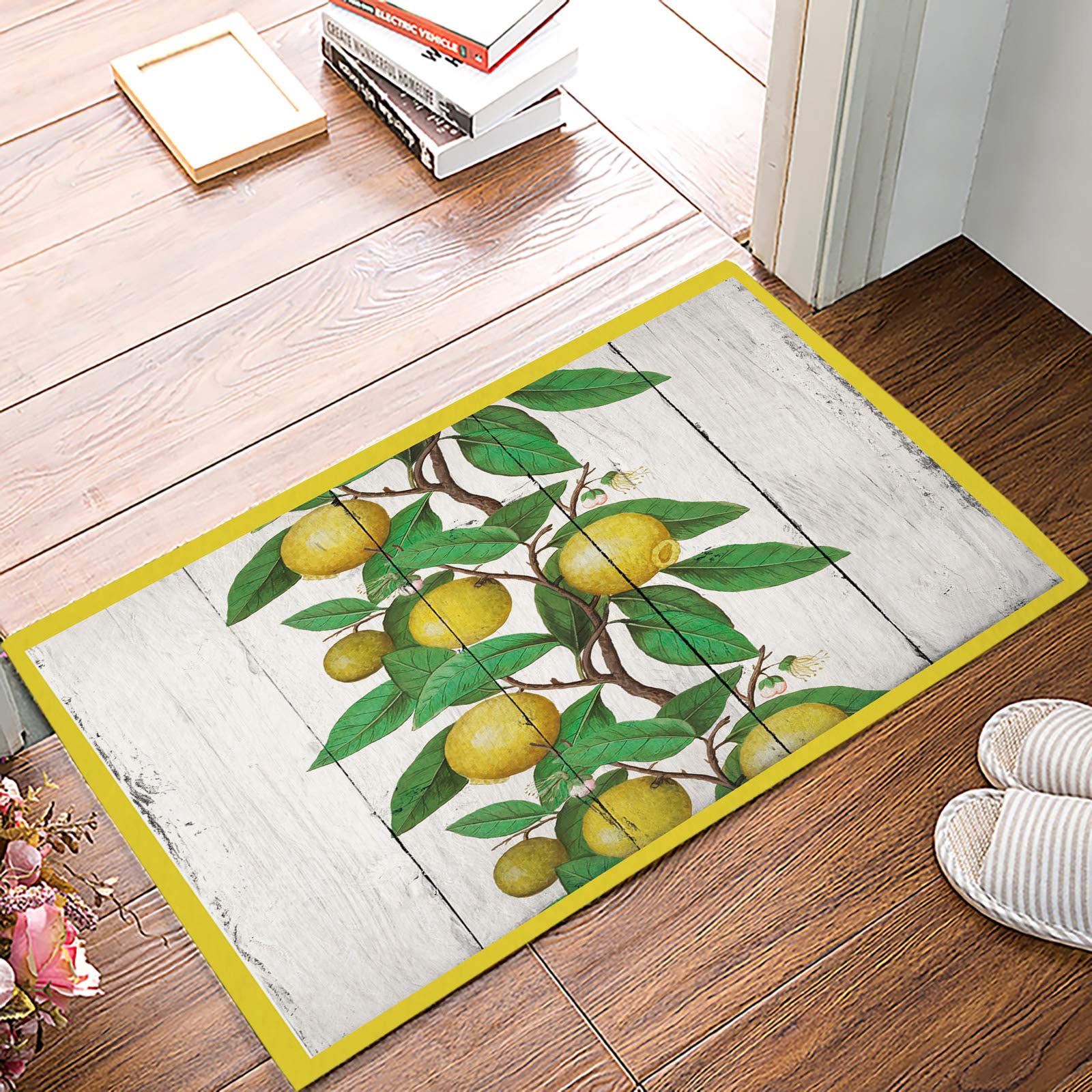 Fresh Lemon Door Mat, Indoor Entryway Rug with Non-Slip Rubber, Doormats Ideal for Living Room Bathroom Bedroom Home Office, Summer Fruit with Green Leaves Wood Grain Border24 x36
