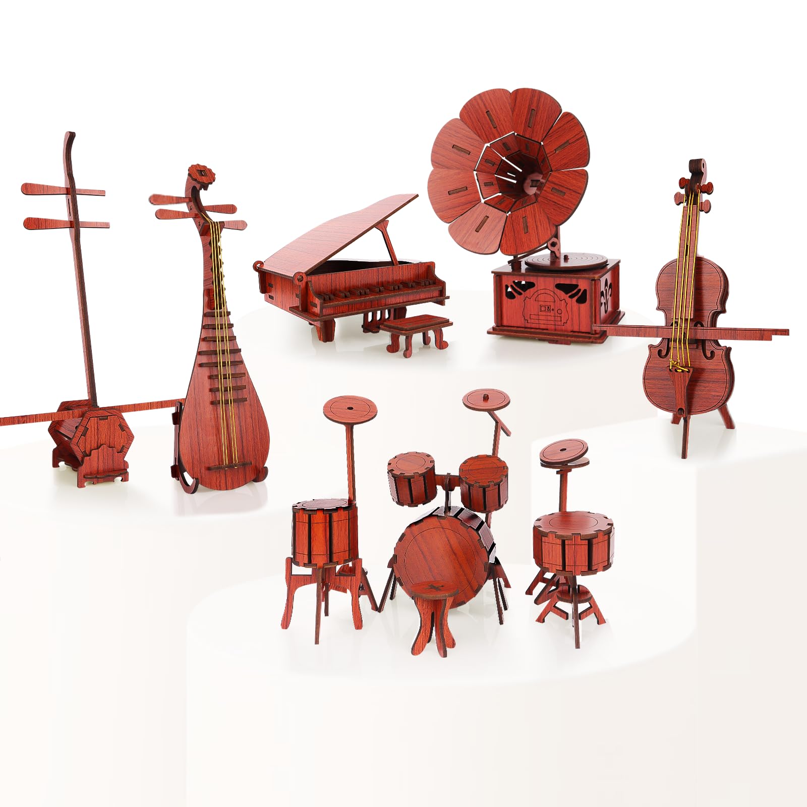 6-in-1 3D Puzzles Music Instrument Set for Adults/Kids with Piano, Gramophone, Drum-kit, Cello, Erhu, and Pipa, for Wooden Decorations, Wood Craft Jigsaw Puzzle for 6 Age up