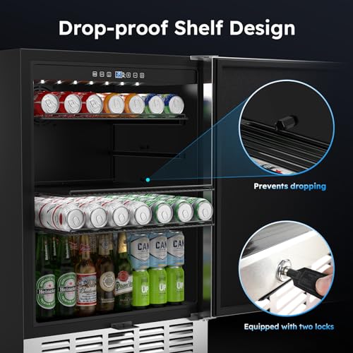 24 Inch Beverage Refrigerator, 190 Cans Built-in/Freestanding Beverage Cooler, Digital Memory Under Counter Beer Fridge with Glass Door, Safety Locks, Removeable Racks (Glass Door)