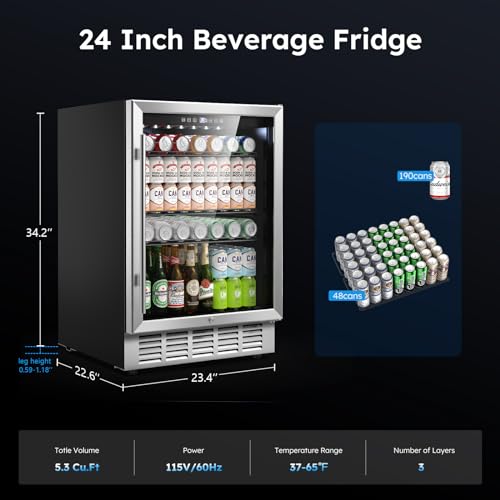 24 Inch Beverage Refrigerator, 190 Cans Built-in/Freestanding Beverage Cooler, Digital Memory Under Counter Beer Fridge with Glass Door, Safety Locks, Removeable Racks (Glass Door)