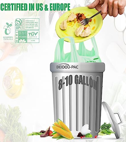 BEIDOU-PAC 8-10 Gallon Compostable Trash Bags, 40 Count, Compost Bags Kitchen Trash Bags with Handle, Sturdy Biodegradable Garbage Bags Food Scrap Waste Bags, ASTM D6400, US BPI Certified