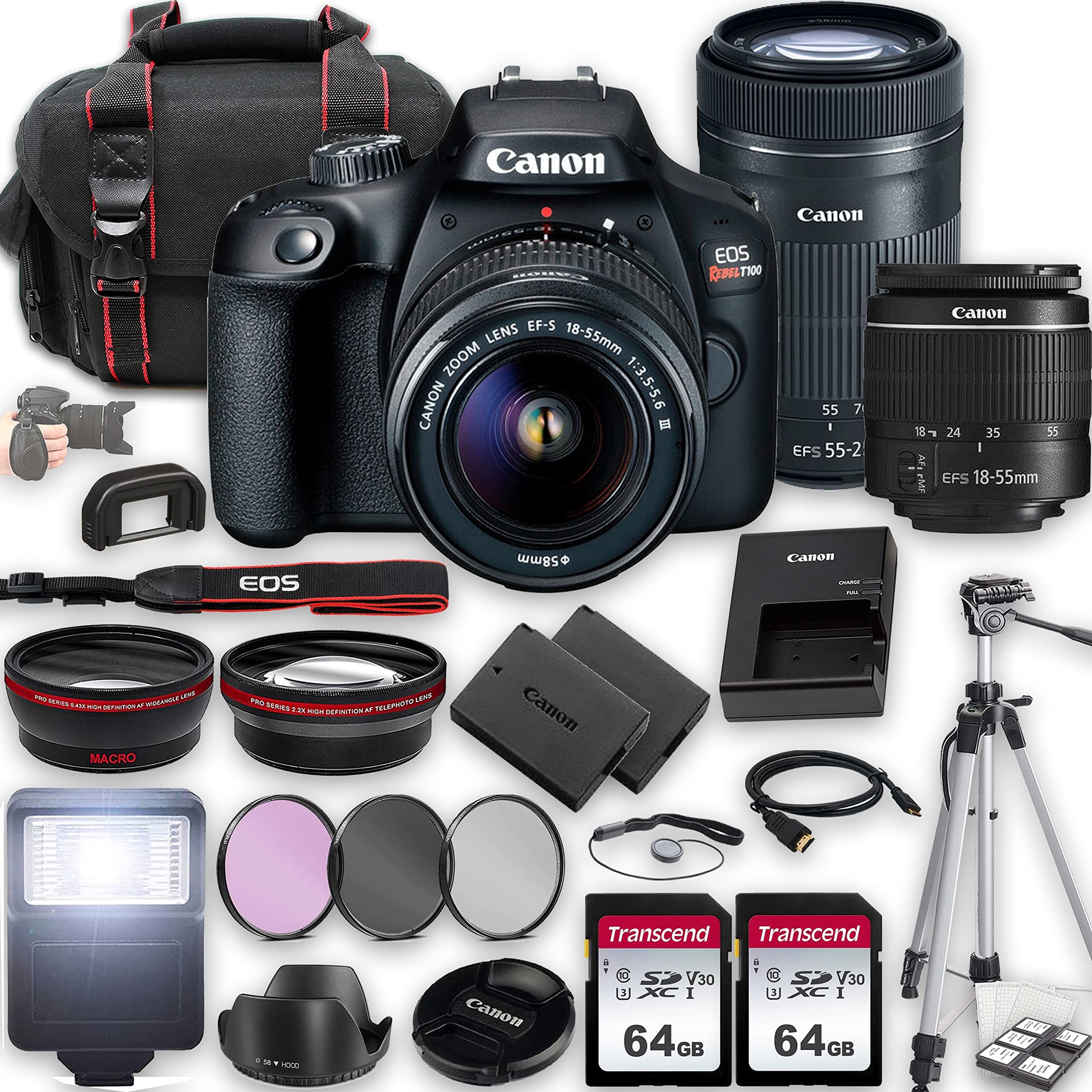 Canon EOS Rebel T100 DSLR Camera w EF-S 18-55mm f/3.5-5.6 III Lens + EF-S 55-250mm f/4-5.6 is STM Lens + 2X 64GB Memory + Case + Filters + Tripod + More (35pc Bundle) (Renewed)
