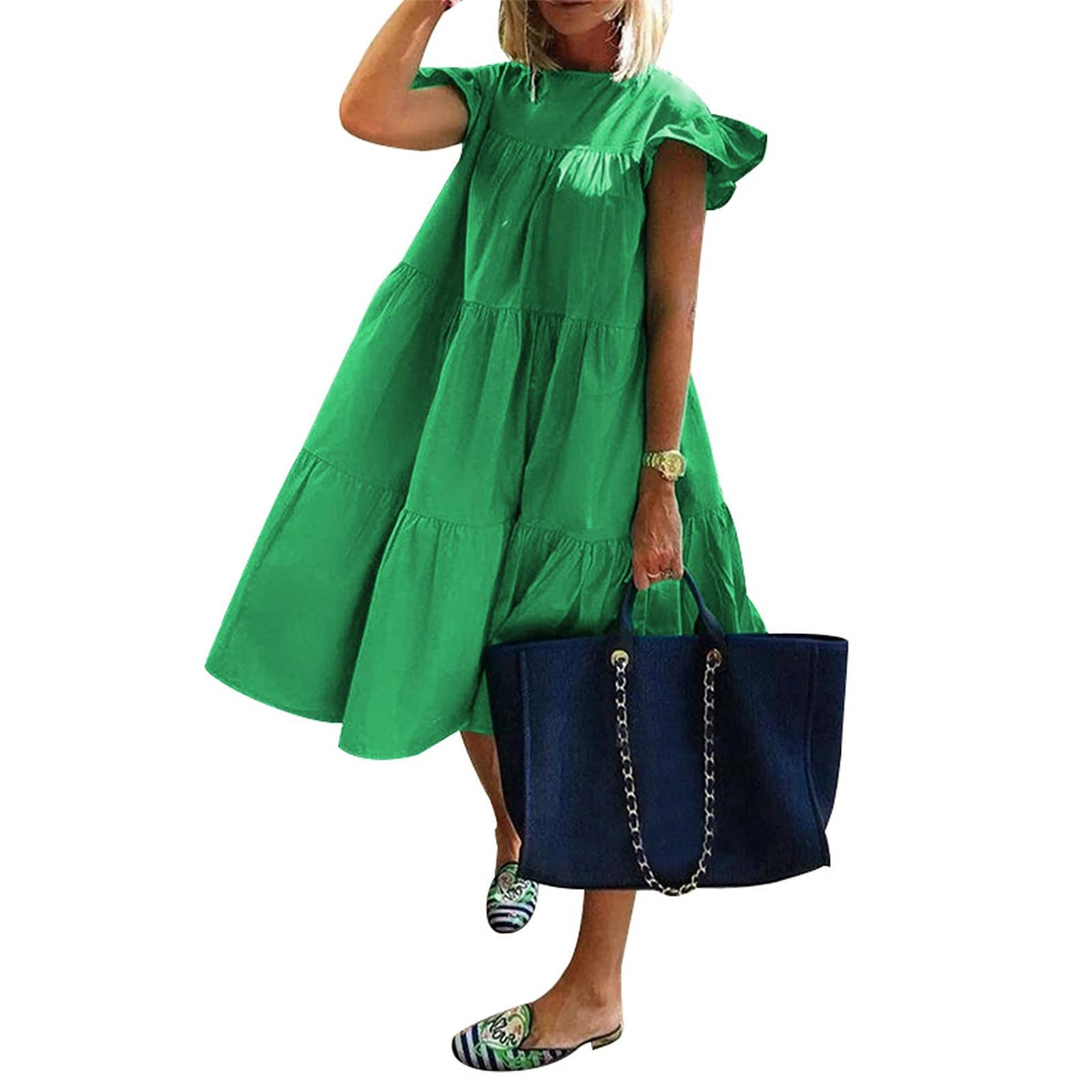 FWFLYAWAY Summer Dresses for Women 2023,Plus Size Casual Cute Babydoll Maxi Short Sleeve V-Neck A-Line Tiered Ruffle Pleated Flowy Boho Beach Mini Sundress Resort wear(E-Green,XL)