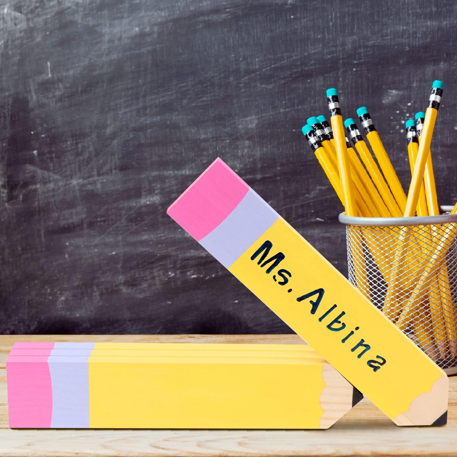 7 Pcs Personalized Pencil Teacher Name Plates and Letter Alphabet Number Template Large Teacher Appreciation Presents Blank Wooden Shaped Plaque Desk Sign Back to School Classroom Decor