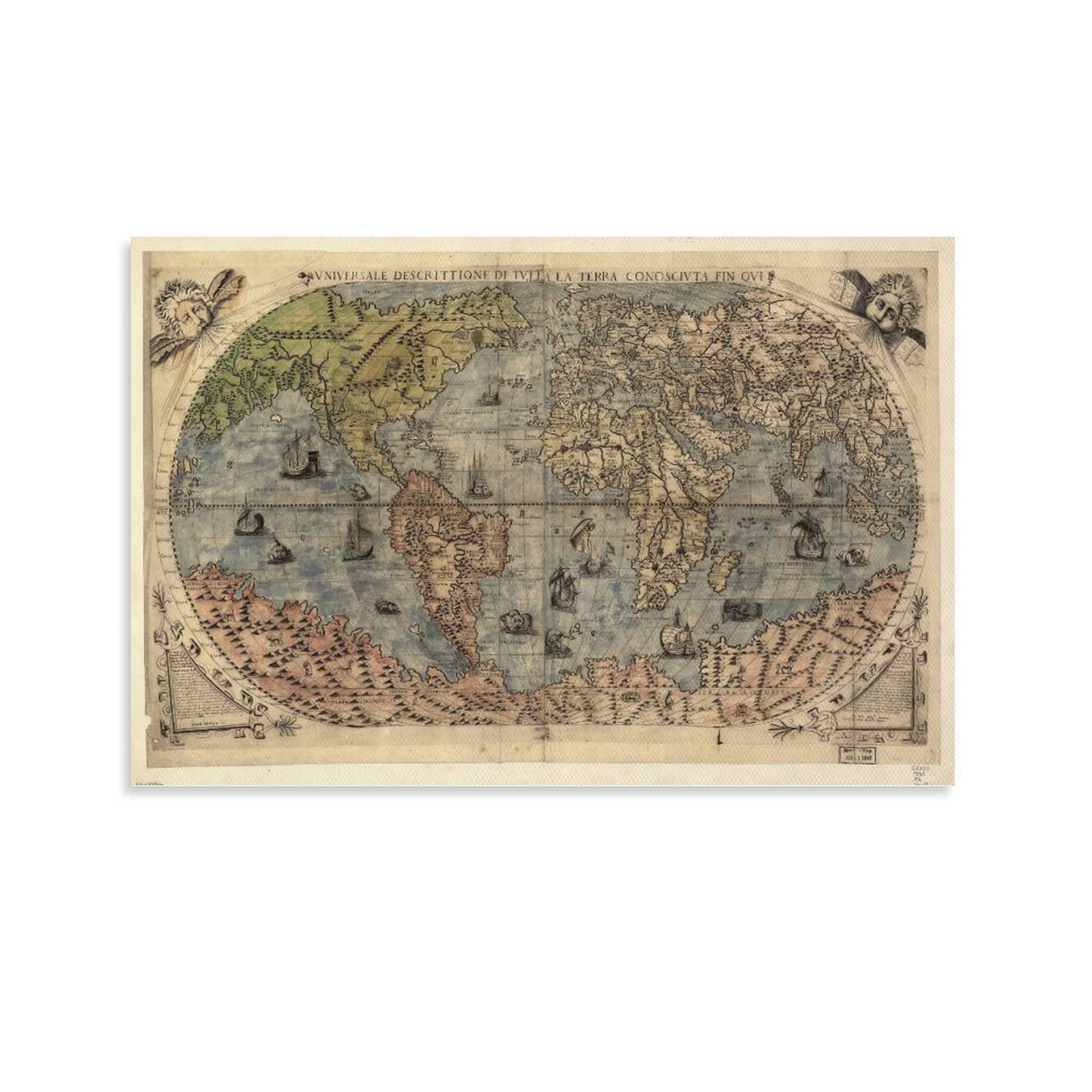 KAYAMU 1565 Known World Map and of The Americas by Gastaldi Bertelli - Vintage Old World Wall Map Poster Print for Teen Boys Room Wall Art Canvas Painting Print Unframe 20x30inch(50x75cm)