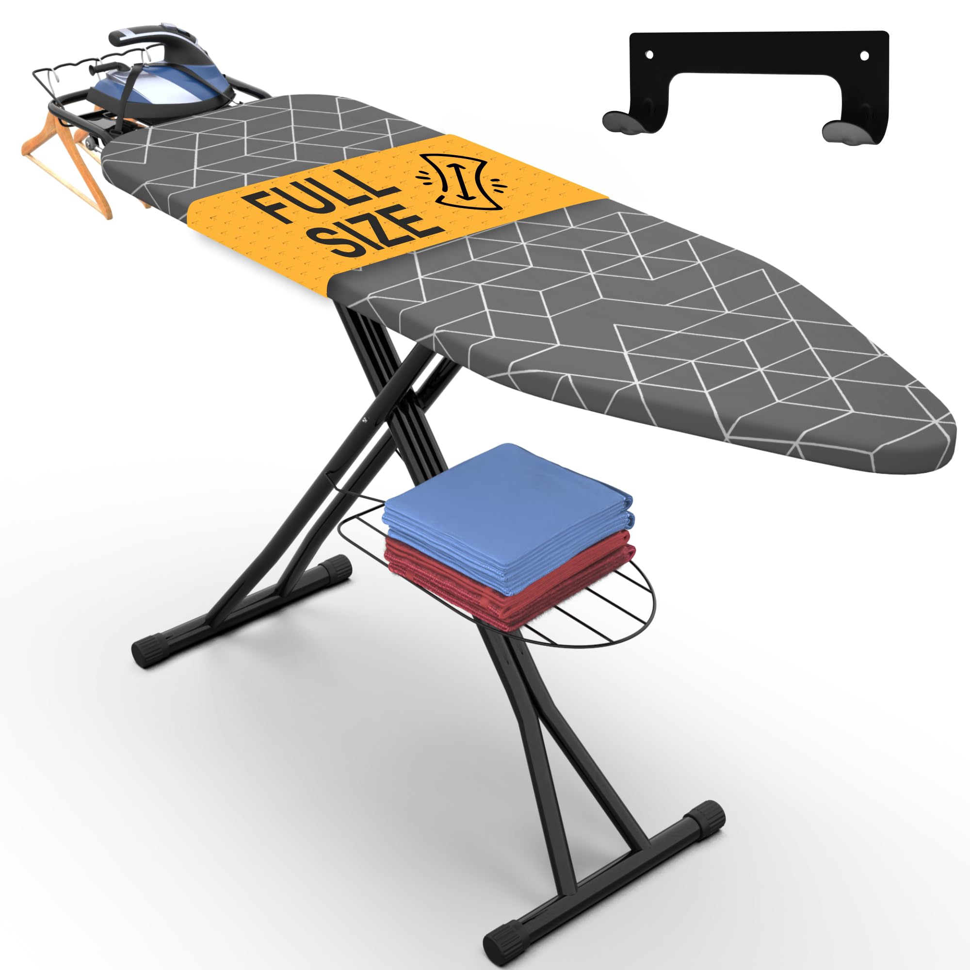 Xabitat Full Size Ironing Board 57" X 15" with Wall Mount Hanger, Full Metal Construction Iron Board, Built in Iron Caddy, Heat & Scorch Resistant Fabric, Cord Holder, Anti-Skid Feet, Heavy Duty