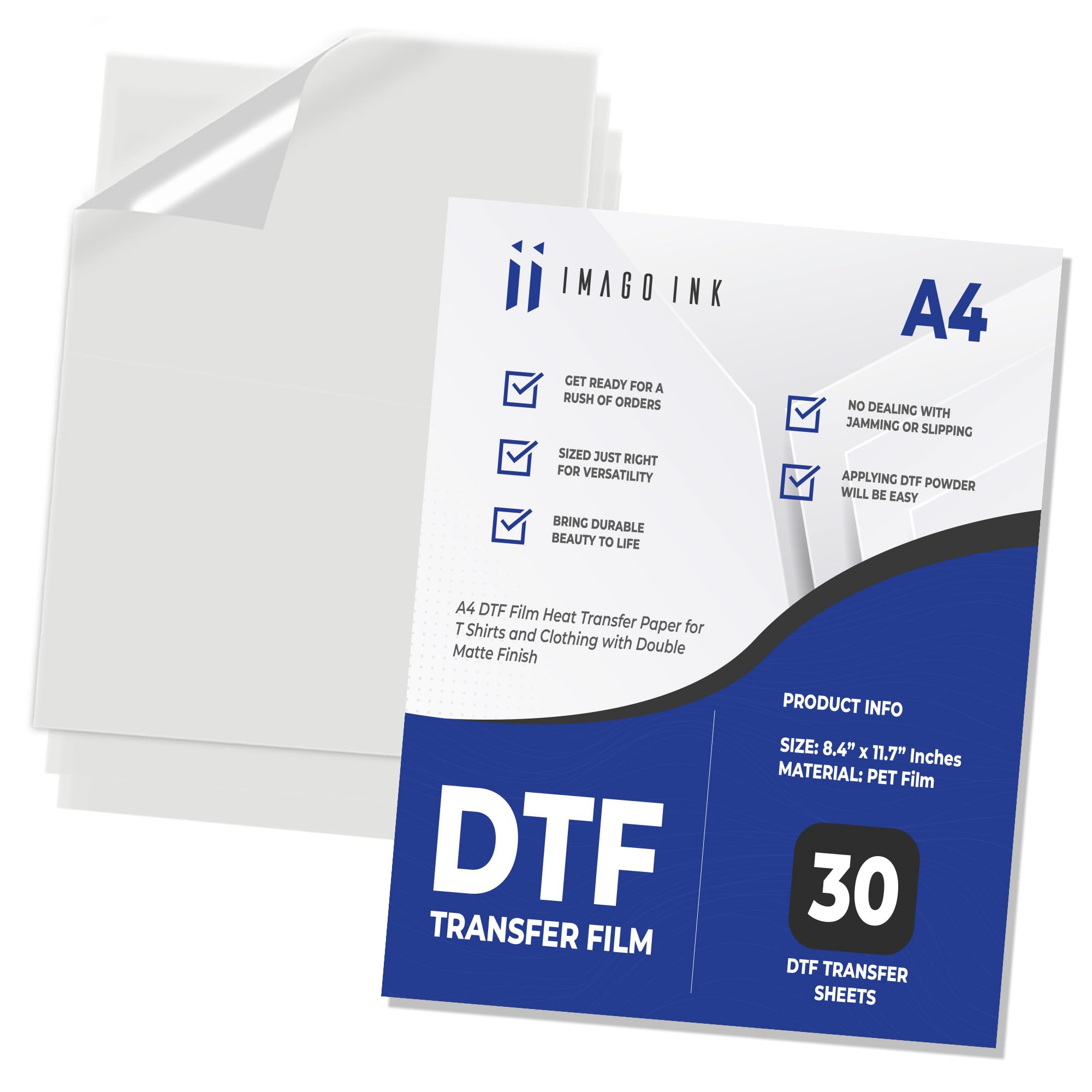 Imago Ink DTF Transfer Film 30 Sheets 8.4 x 11.7 Inches - Double Sided Matte Finish A4 PET Heat Transfer Paper for T Shirts and Clothing - Upgraded Premium Direct to Film for All Fabrics
