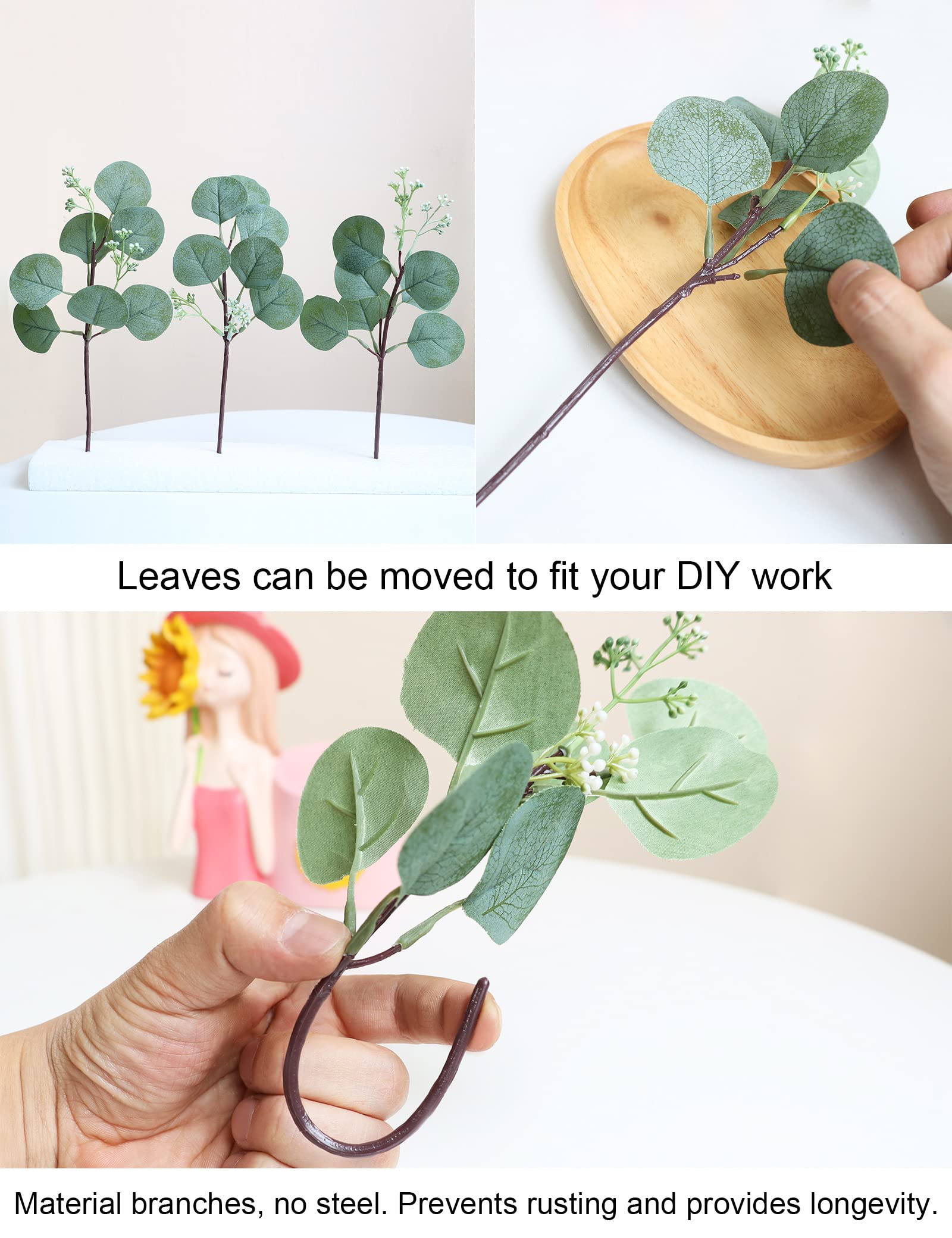 Forlaoers 6pcs Small Fake Plants Silver Dollar Eucalyptus Garland Silk Leaves Stems with Seeds Faux Flowers Bouquets Greenery for Decor Rectangular Floral Centerpieces, Grey Green, HY28015