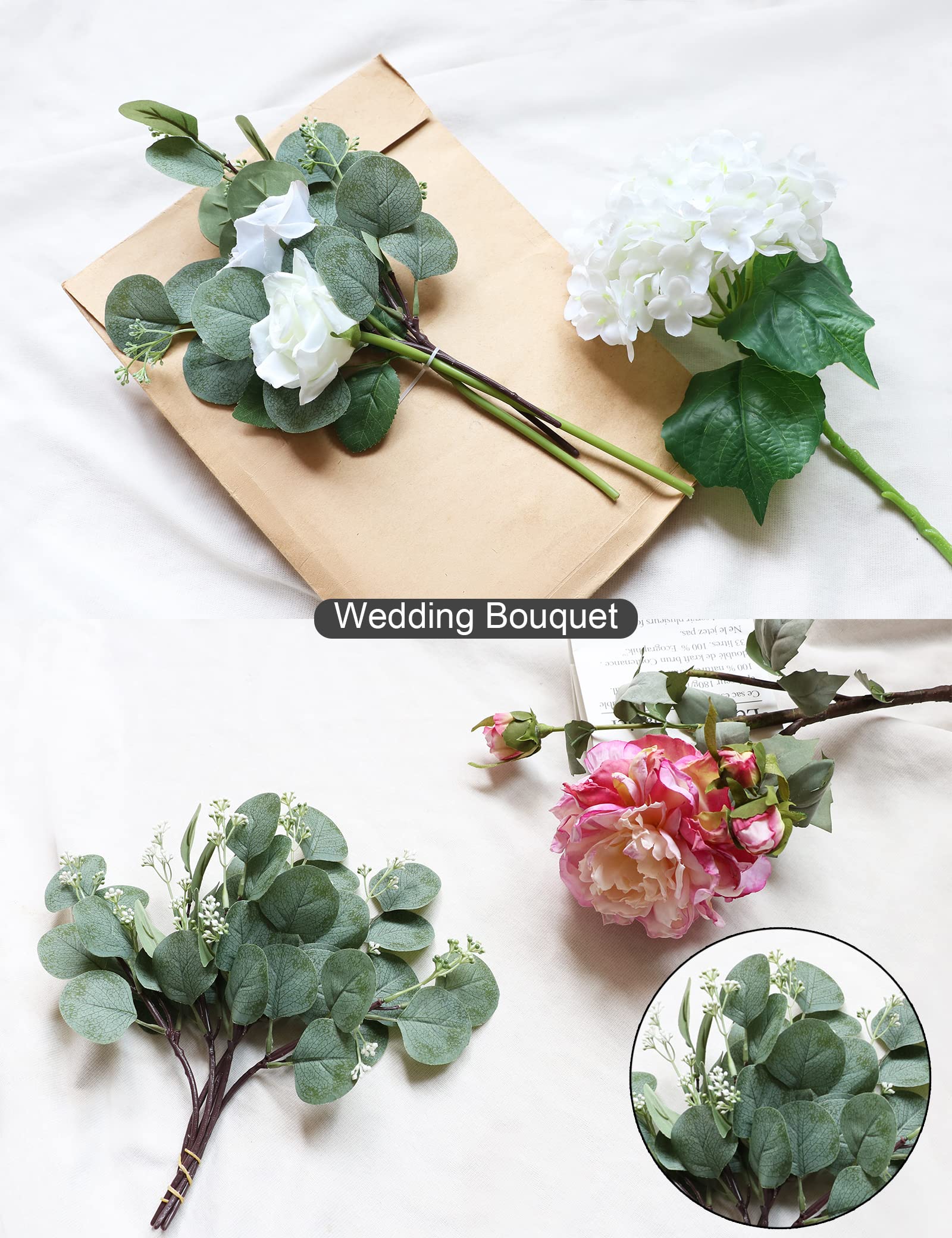 Forlaoers 6pcs Small Fake Plants Silver Dollar Eucalyptus Garland Silk Leaves Stems with Seeds Faux Flowers Bouquets Greenery for Decor Rectangular Floral Centerpieces, Grey Green, HY28015