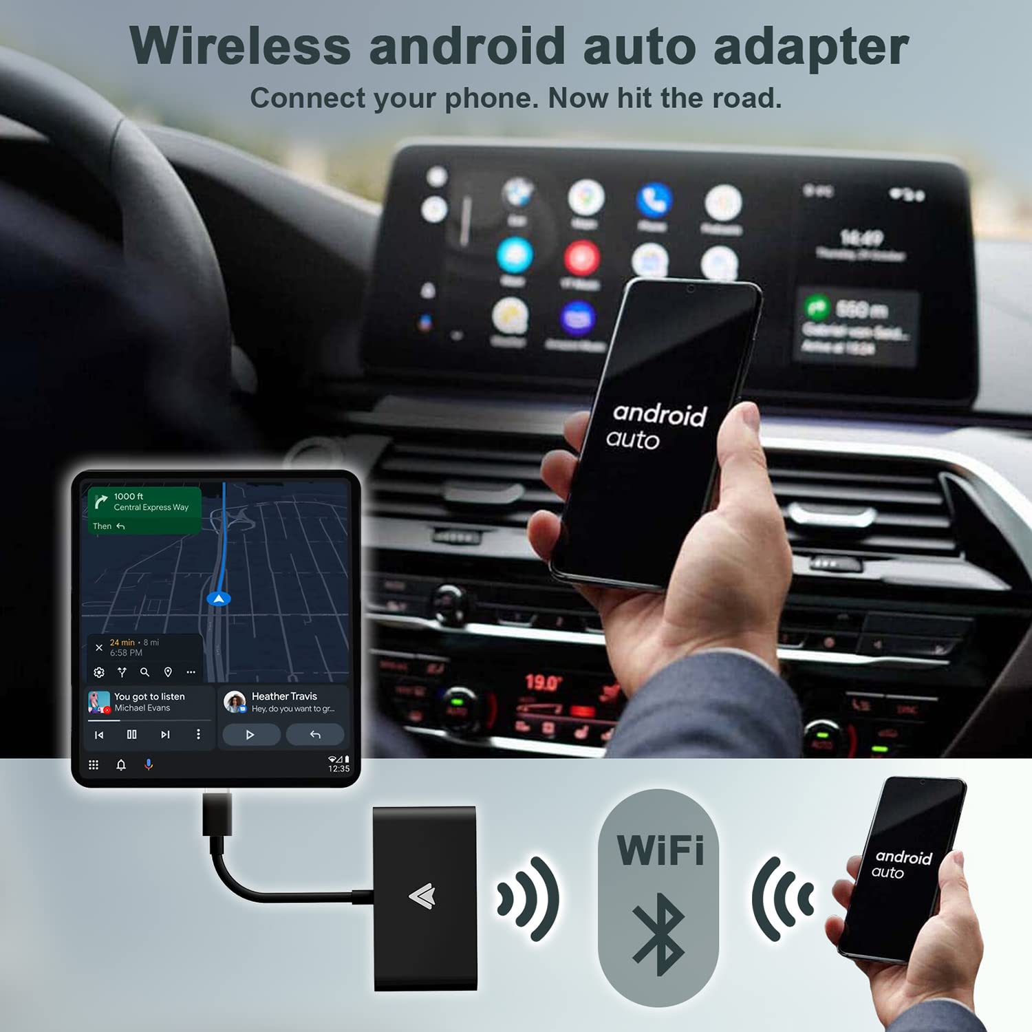 WQQBFF Wireless Android Auto Car Adapter,Android Phones Converts Wired Android Auto to Wireless - Direct Plug-in Type-c Adapter, Android Auto Wireless Adapter AI Box for Car with OEM(Black)