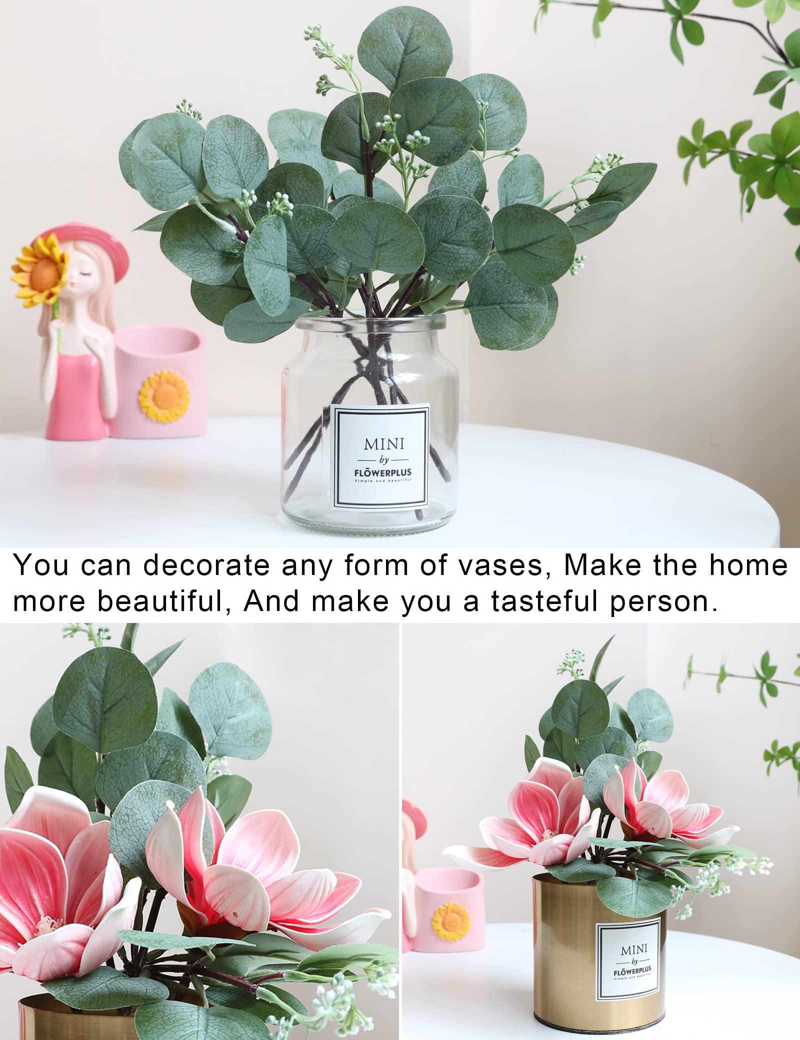 Forlaoers 6pcs Small Fake Plants Silver Dollar Eucalyptus Garland Silk Leaves Stems with Seeds Faux Flowers Bouquets Greenery for Decor Rectangular Floral Centerpieces, Grey Green, HY28015