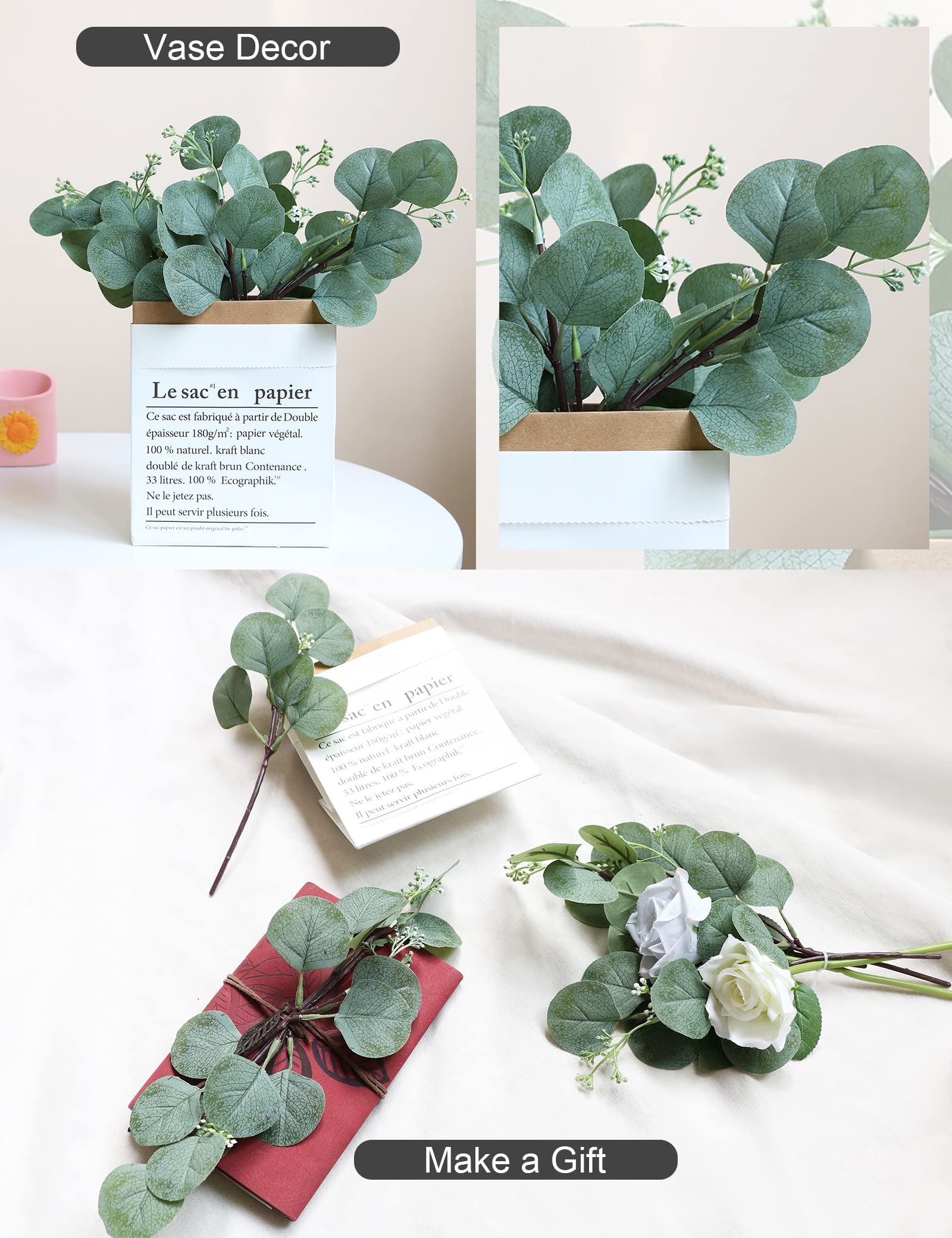 Forlaoers 6pcs Small Fake Plants Silver Dollar Eucalyptus Garland Silk Leaves Stems with Seeds Faux Flowers Bouquets Greenery for Decor Rectangular Floral Centerpieces, Grey Green, HY28015