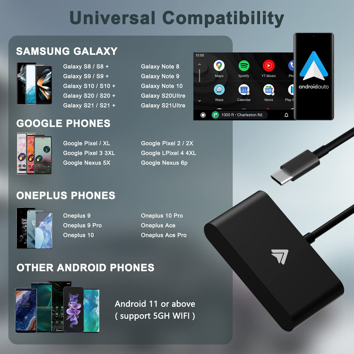 WQQBFF Wireless Android Auto Car Adapter,Android Phones Converts Wired Android Auto to Wireless - Direct Plug-in Type-c Adapter, Android Auto Wireless Adapter AI Box for Car with OEM(Black)