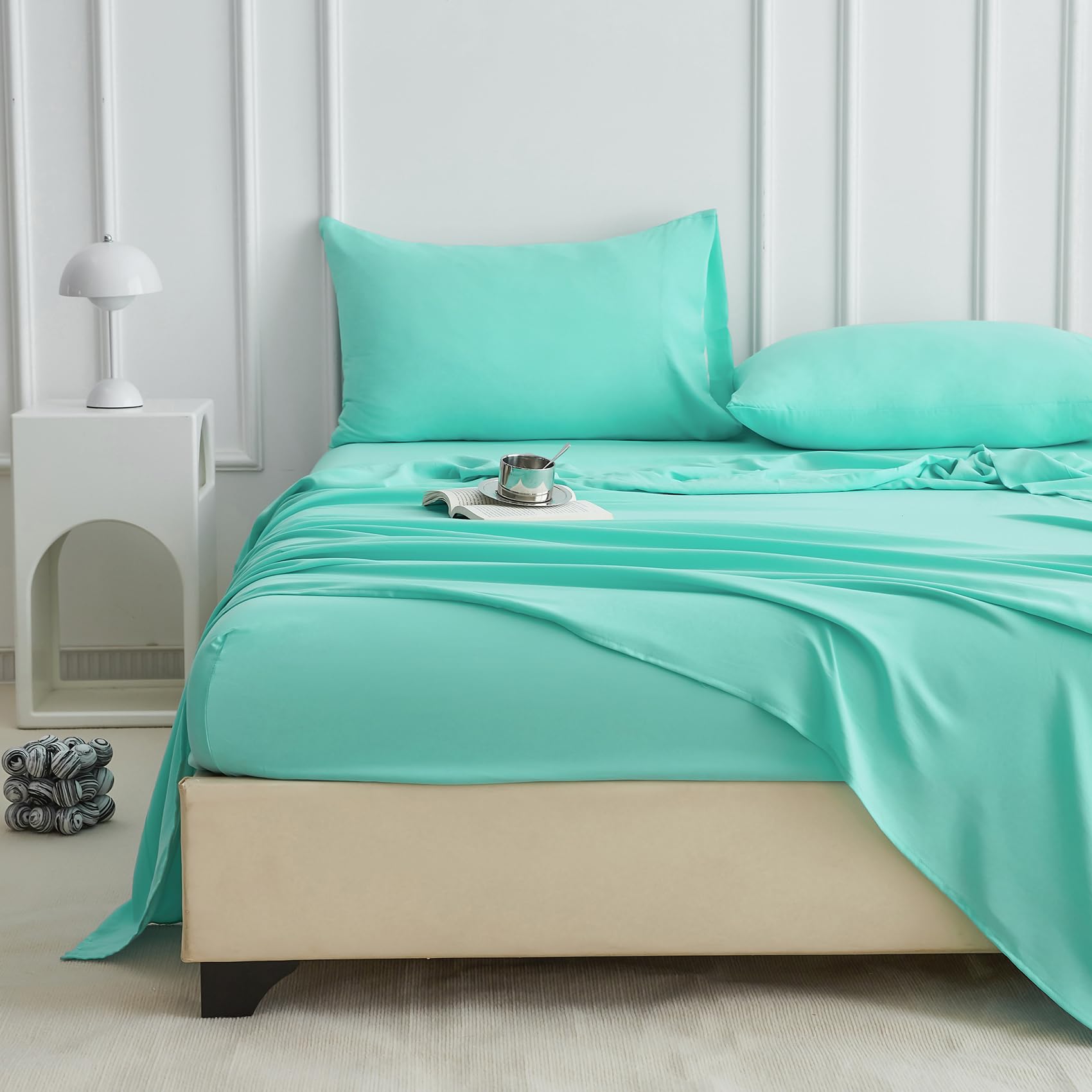 4 Piece Full Sheet Set - Super Soft Breathable Cooling Bed Sheets King Size 16 Inch Extra Deep Pocket, Hotel Luxury Bedding & Pillowcases, Wrinkle Free Oeko-Tex - Aqua