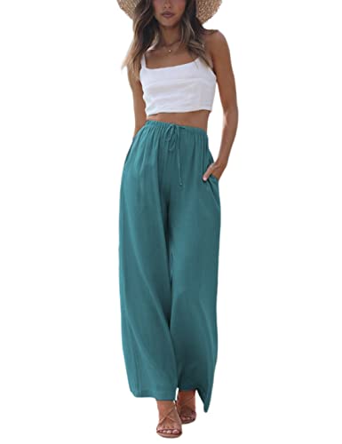 Bianstore Women's Cotton Linen Palazzo Pants Flowy Wide Leg Elastic Waist Summer Beach Pants Trousers(Blue-XL)