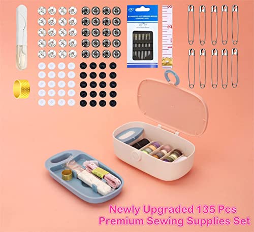 FKOG Sewing Project Kit, 135 Pcs Premium Family Sewing Supplies Repair Kit Sewing Thread Accessories Traveler Sewing Kit DIY Sewing Supplies Organizer (Pink)