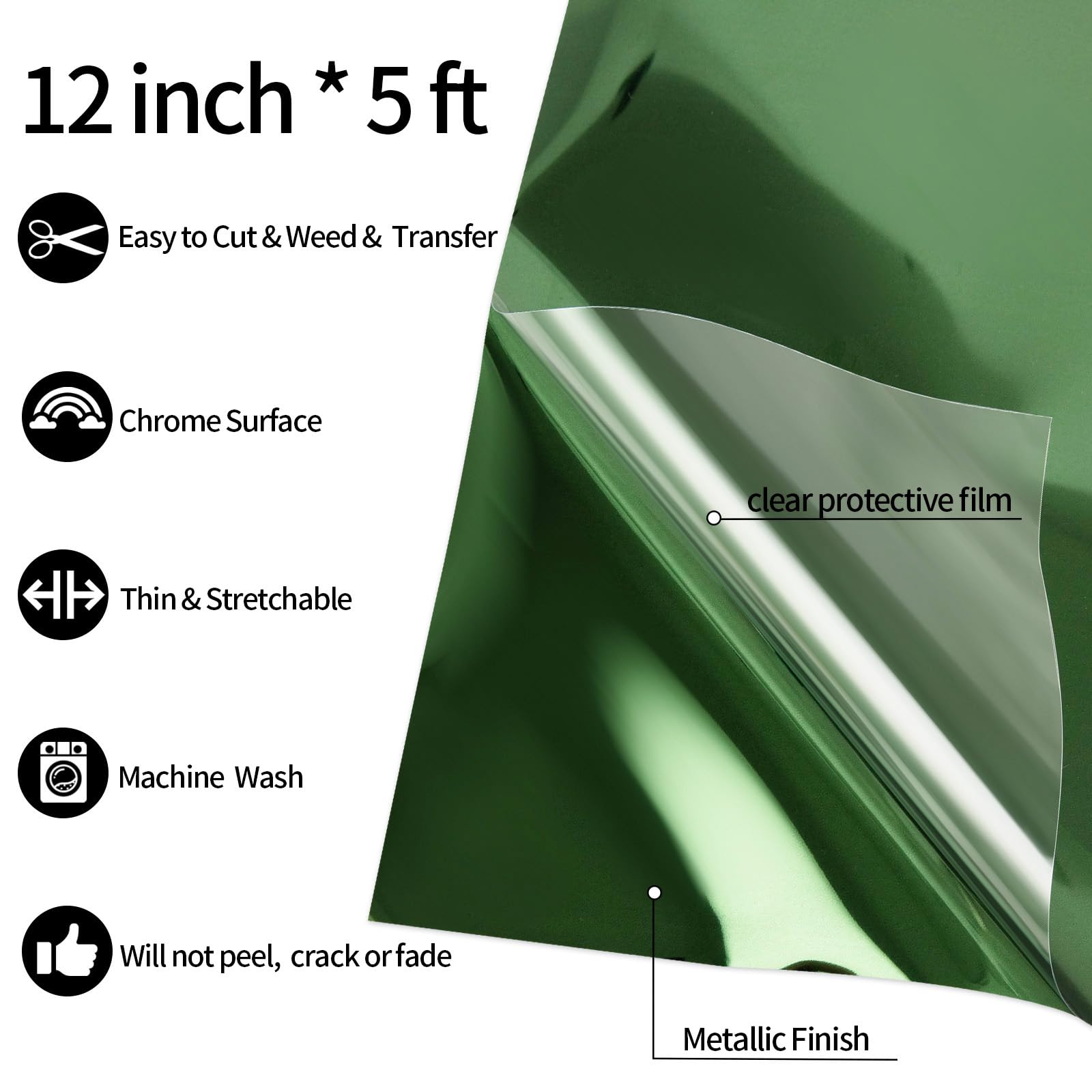 VINYL FROG Metallic Foil HTV Vinyl Roll 12"x5ft Dark Green Chrome Heat Transfer Vinyl Iron on Vinyl Easy to Cut & Weed DIY Heat Press Design for T-Shirts