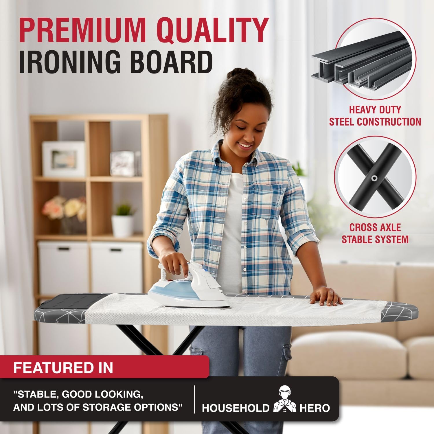 Xabitat Full Metal Ironing Board 48" X 15" with Silicon Iron Rest, Wall Mount & Closet Hanging Hook, Built-in Iron Caddy, Full Metal Heavy Duty Construction, Heat & Scorch Resistant Fabric
