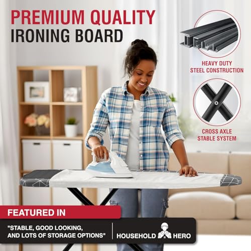 D-Crease+ 48" X 13" Full Metal Ironing Board W/Silicon Iron Rest, Wall Mount & Closet Hanger, Full Metal Heavy Duty Construction, Heat & Scorch Resistant Fabric, 36" Height Adjustable