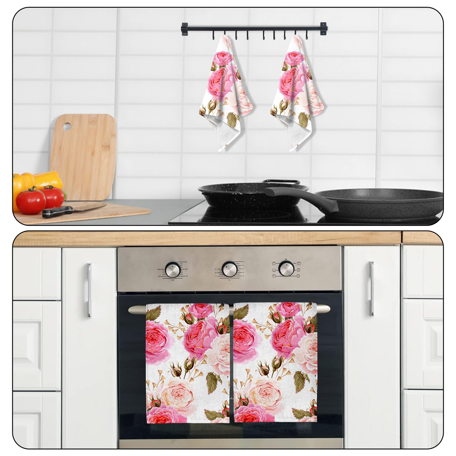 Cotton Bath Hand Towels for Bathroom - Ultra Soft Microfiber Face Towel with Pink Rose, Highly Absorbent Quick-Drying Lightweight Spa Towel, Washcloth Dish Tea Towels for Kitchen 30 x 15 inch