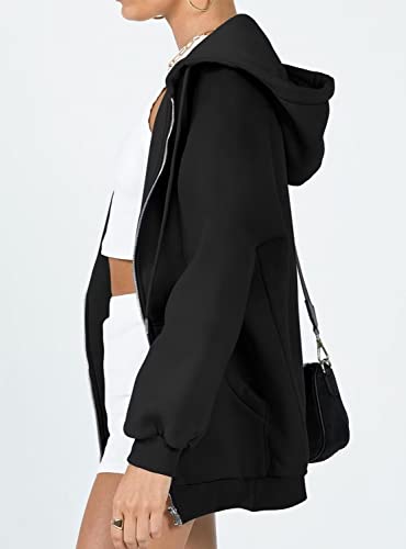 Ezbelle Women's Zip Up Hooded Oversized Sweatshirts Full Zipper Lightweight Hoodie Long Sleeve Cardigantops Y2k Fall Winter Clothes Black L