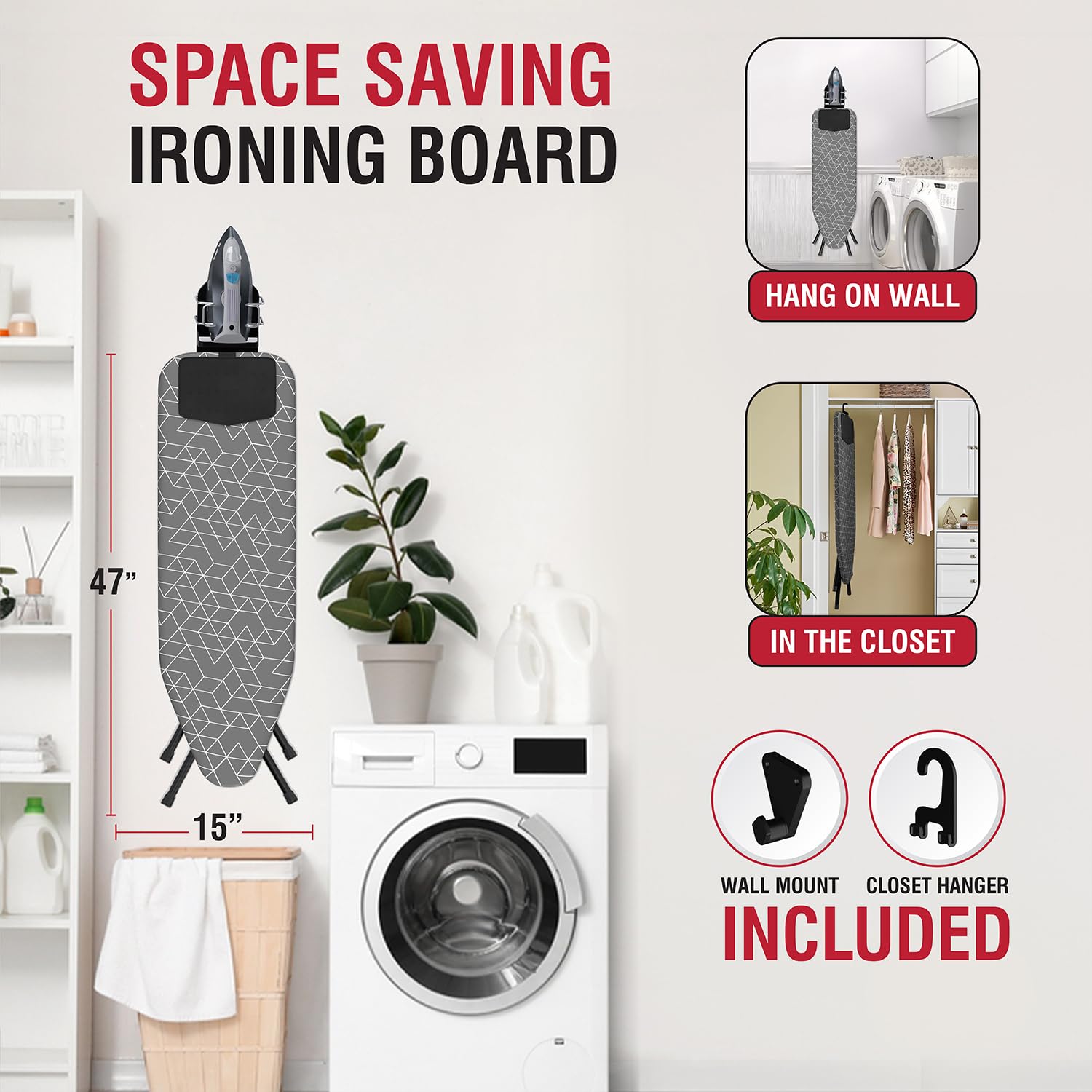Xabitat Full Metal Ironing Board 48" X 15" with Silicon Iron Rest, Wall Mount & Closet Hanging Hook, Built-in Iron Caddy, Full Metal Heavy Duty Construction, Heat & Scorch Resistant Fabric