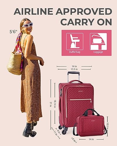 BAGSMART Carry On Luggage 20 Inch, Expandable Suitcase, Luggage with Duffel Luggage Airline Approved Rolling Softside Lightweight Suitcases for Women Men, Carry-On Red