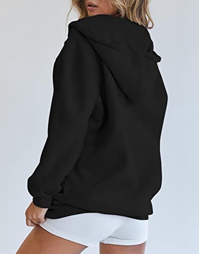 Ezbelle Women's Zip Up Hooded Oversized Sweatshirts Full Zipper Lightweight Hoodie Long Sleeve Cardigantops Y2k Fall Winter Clothes Black L