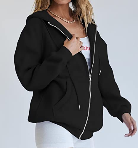 Ezbelle Women's Zip Up Hooded Oversized Sweatshirts Full Zipper Lightweight Hoodie Long Sleeve Cardigantops Y2k Fall Winter Clothes Black L