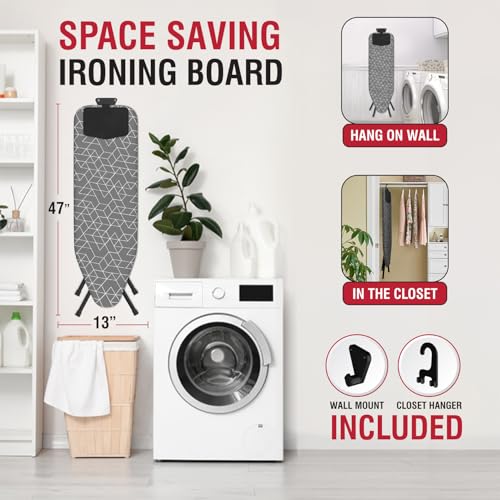 D-Crease+ 48" X 13" Full Metal Ironing Board W/Silicon Iron Rest, Wall Mount & Closet Hanger, Full Metal Heavy Duty Construction, Heat & Scorch Resistant Fabric, 36" Height Adjustable