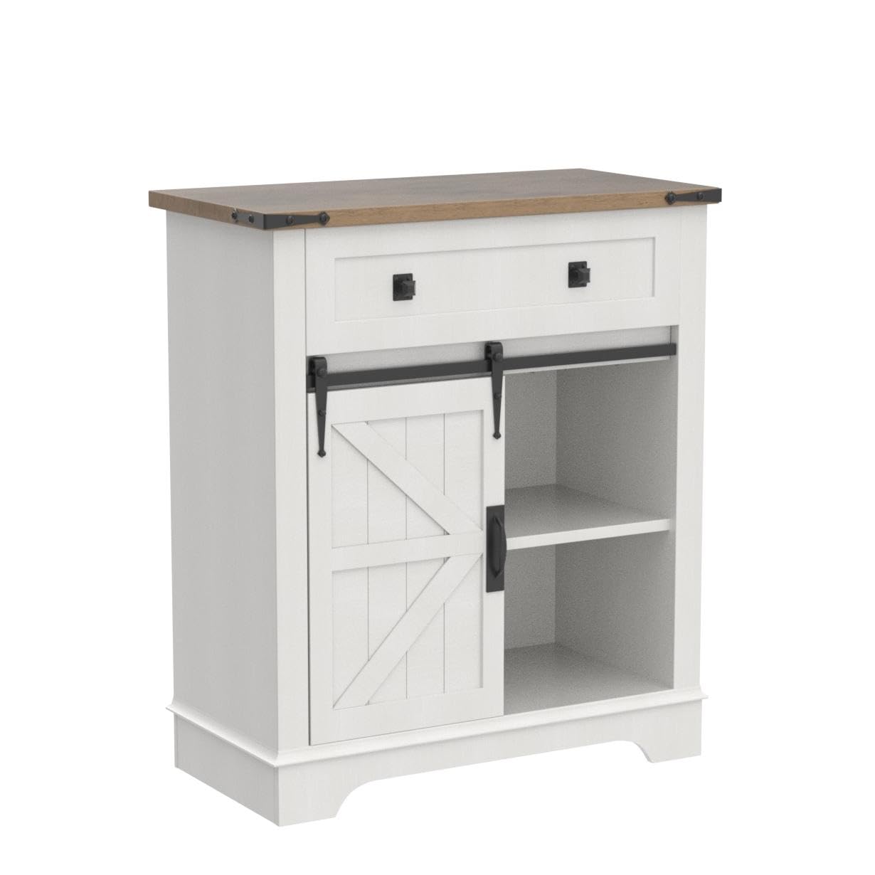 OKD Farmhouse Coffee Bar, 32 Inch Buffet Sideboard with Sliding Barn Door, Drawer, Adjustable Storage Shelves, Wood Accent Floor Cupboard Cabinet for Kitchen, Dining Room, Living Room, Antique White