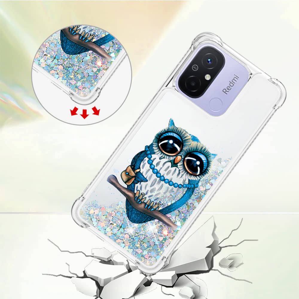 Monwutong Slim Fit Phone Case for Xiaomi Redmi 12C,Glitter Liquid Quicksand Effect Silicone Soft TPU Fashion Case with Four Corners Anti-Drop Protection for Redmi 12C,YBDT Owl
